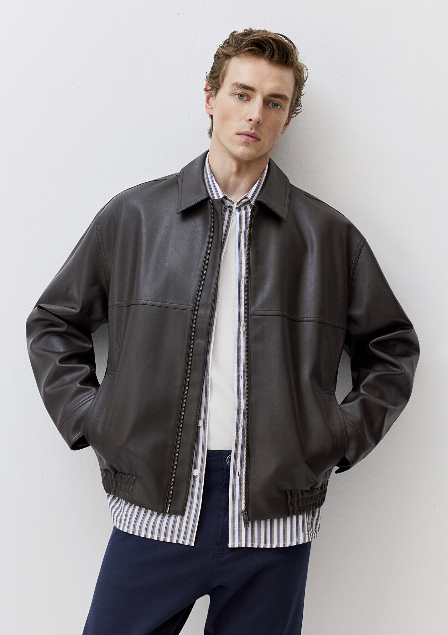 Erkek Kahverengi Bomber Suni Deri Ceket