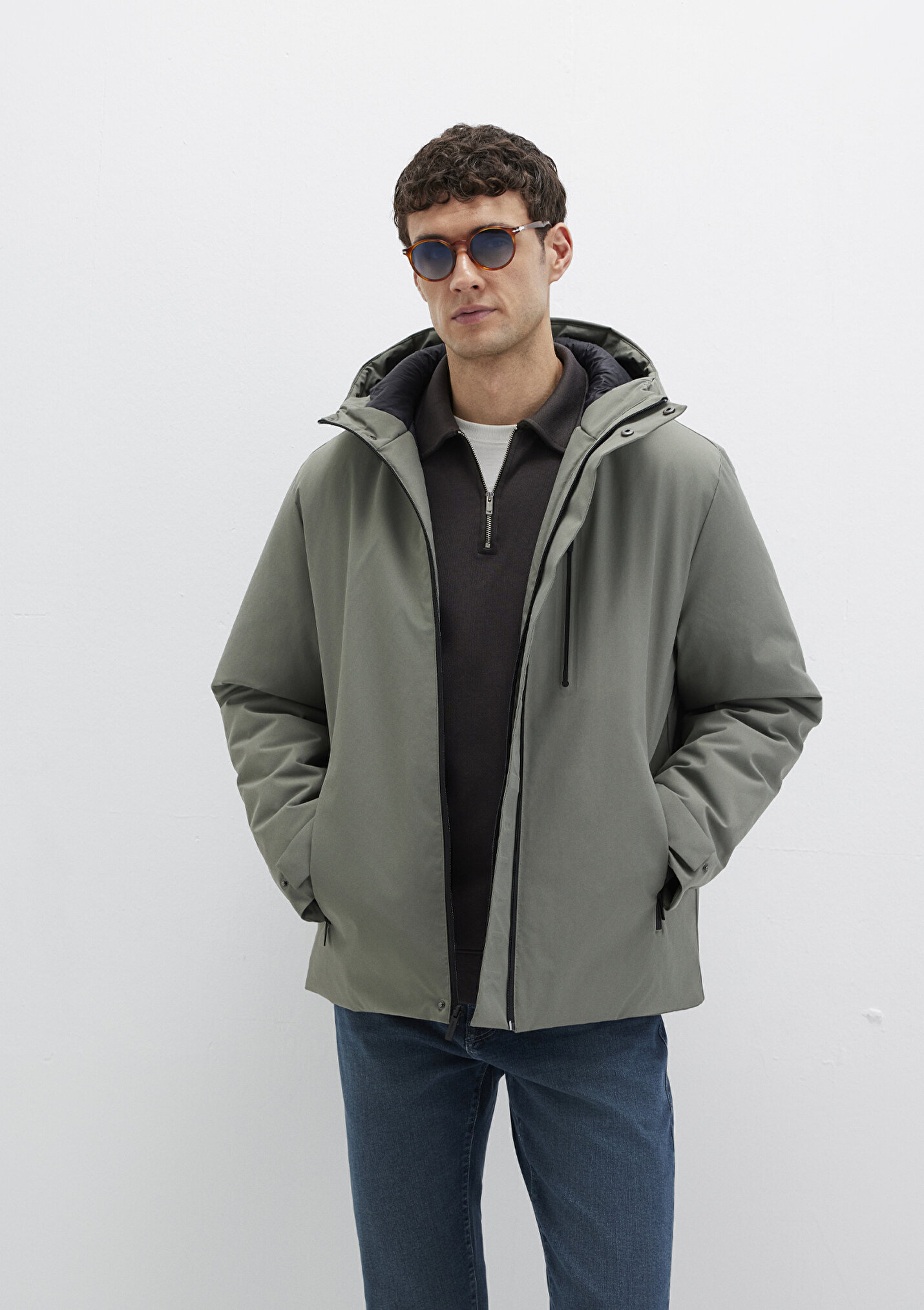 Erkek Mavi Black Kapüşonlu Yeşil Mont