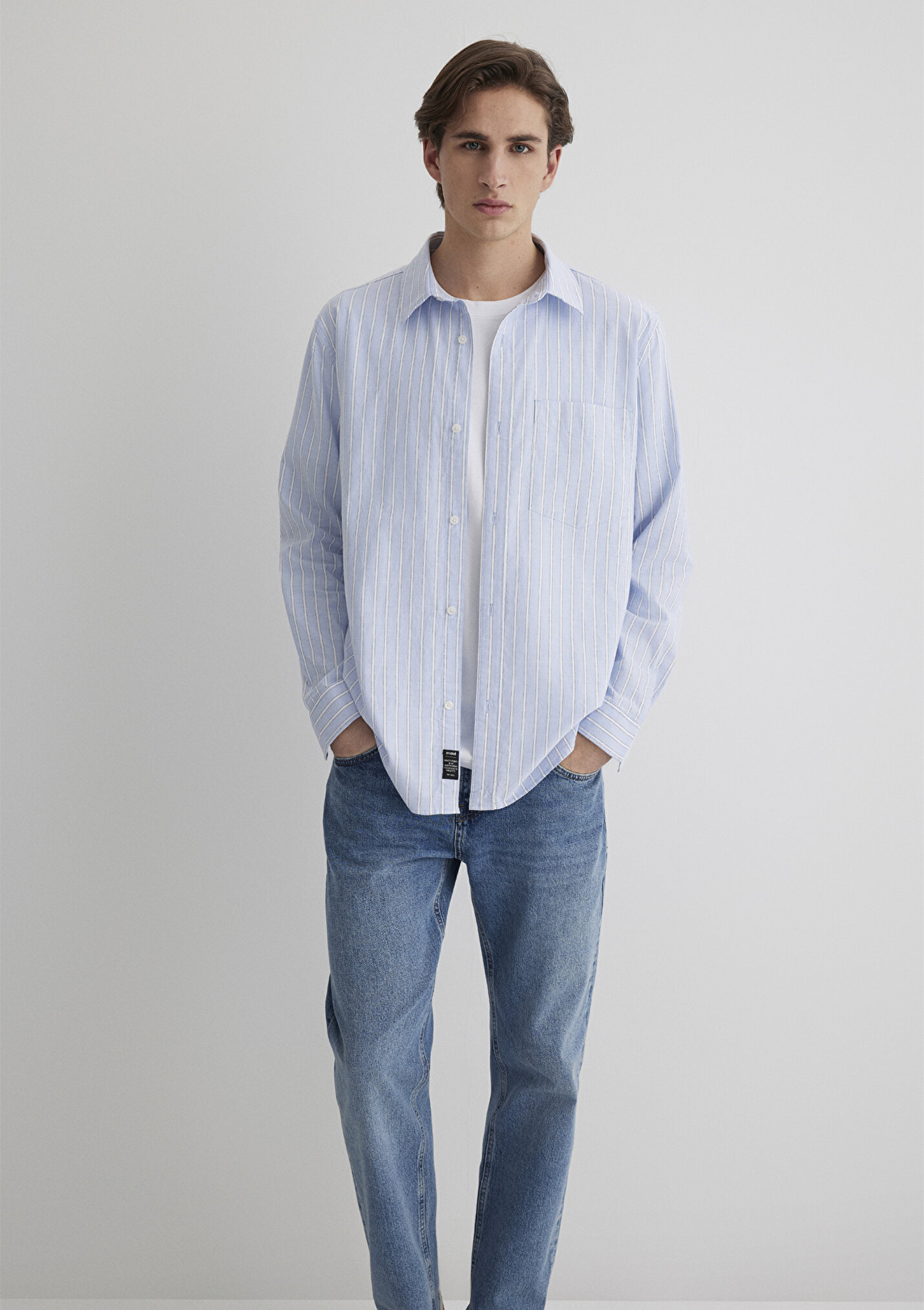 Outlet Erkek Çizgili Mavi Gömlek