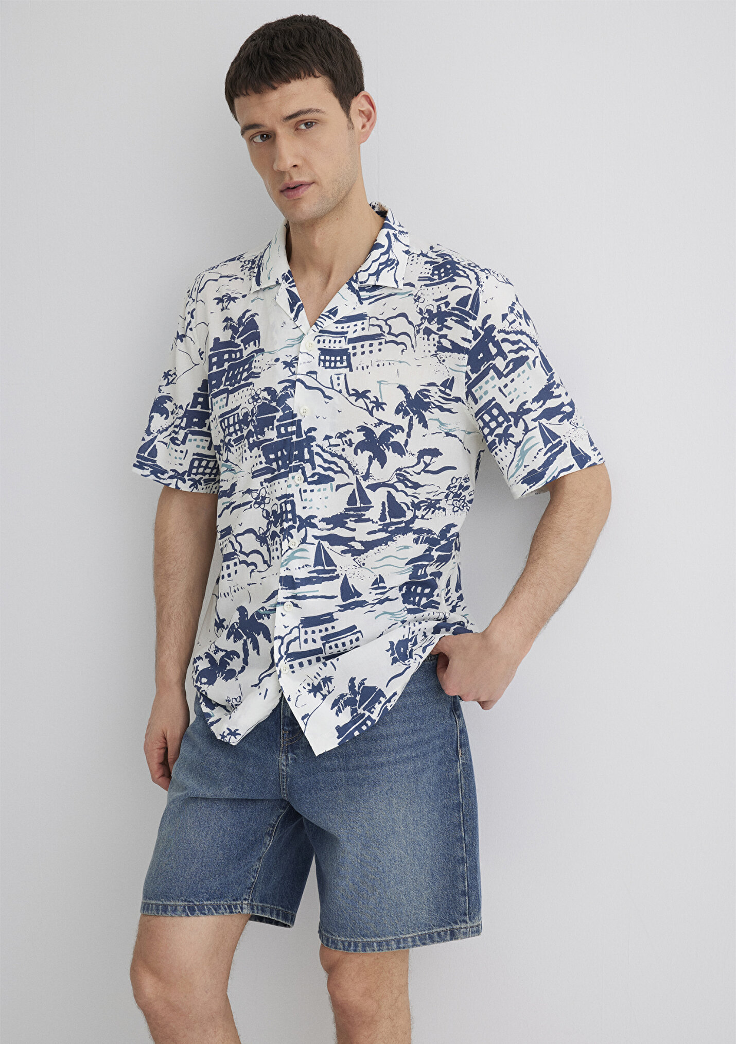 Outlet Erkek Baskılı Mavi Gömlek