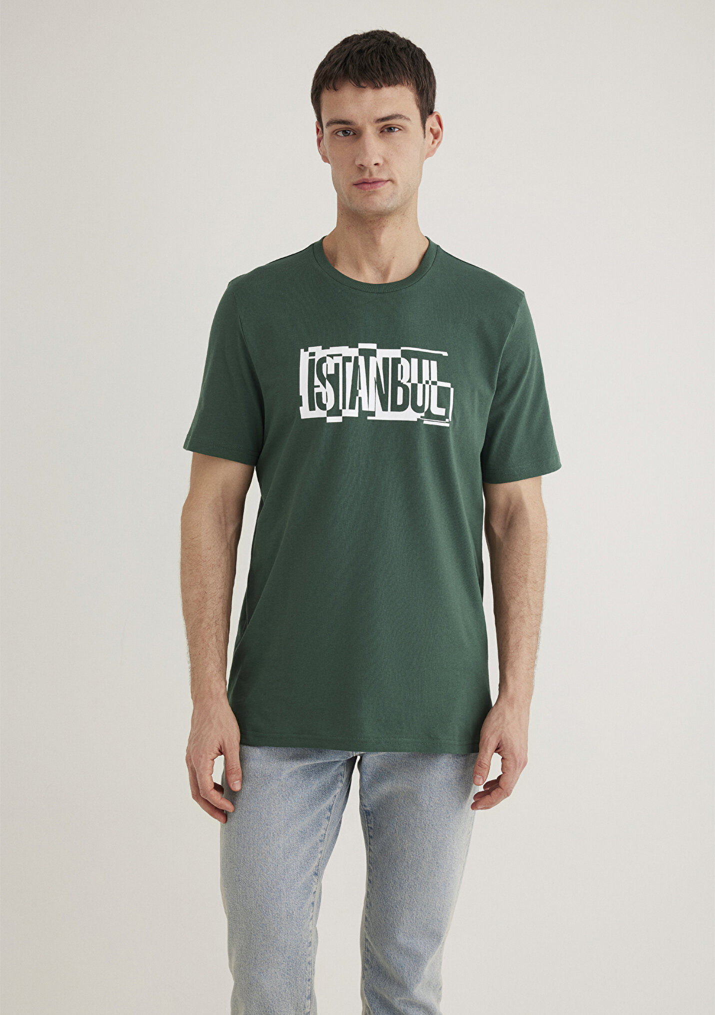 Erkek İstanbul Baskılı Yeşil Tişört