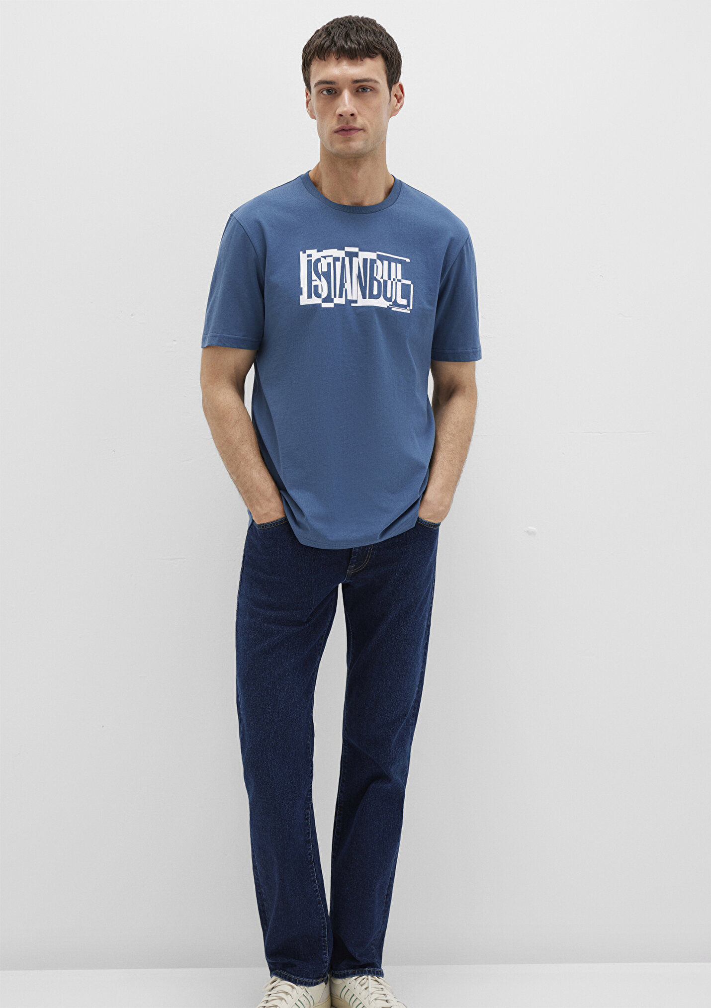 Erkek İstanbul Baskılı Mavi Tişört