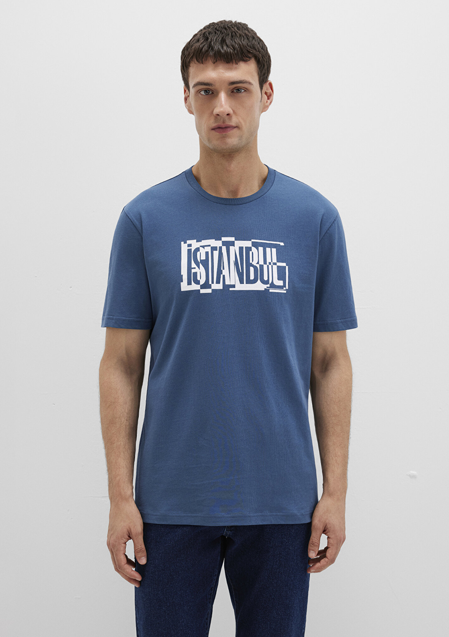 Erkek İstanbul Baskılı Mavi Tişört
