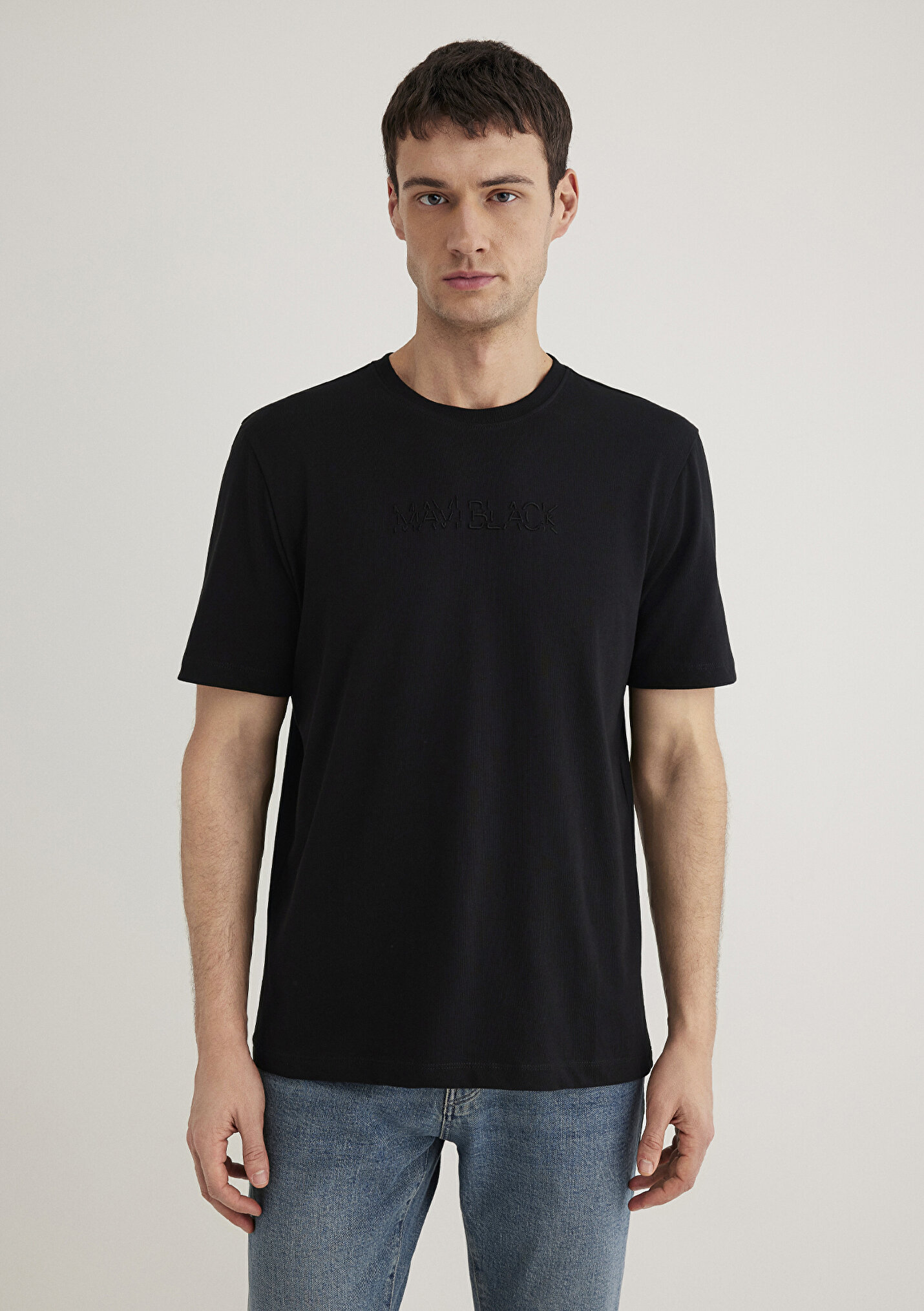 Outlet Erkek Mavi Black Nakışlı Siyah Basic Tişört