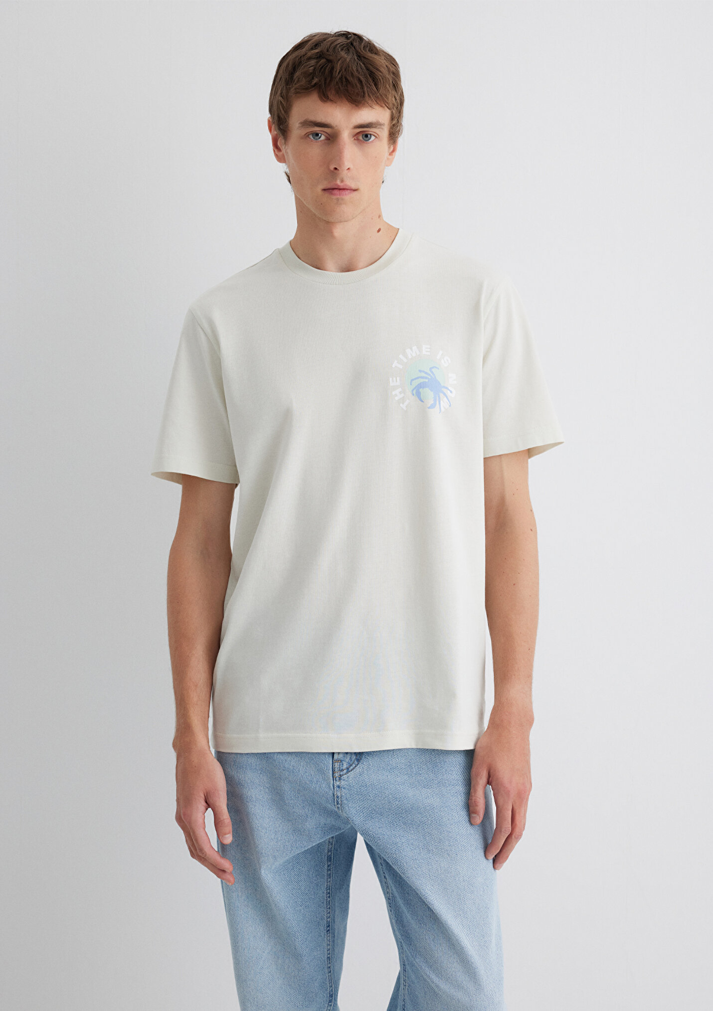 Outlet Erkek Yengeç Baskılı Ekru Tişört