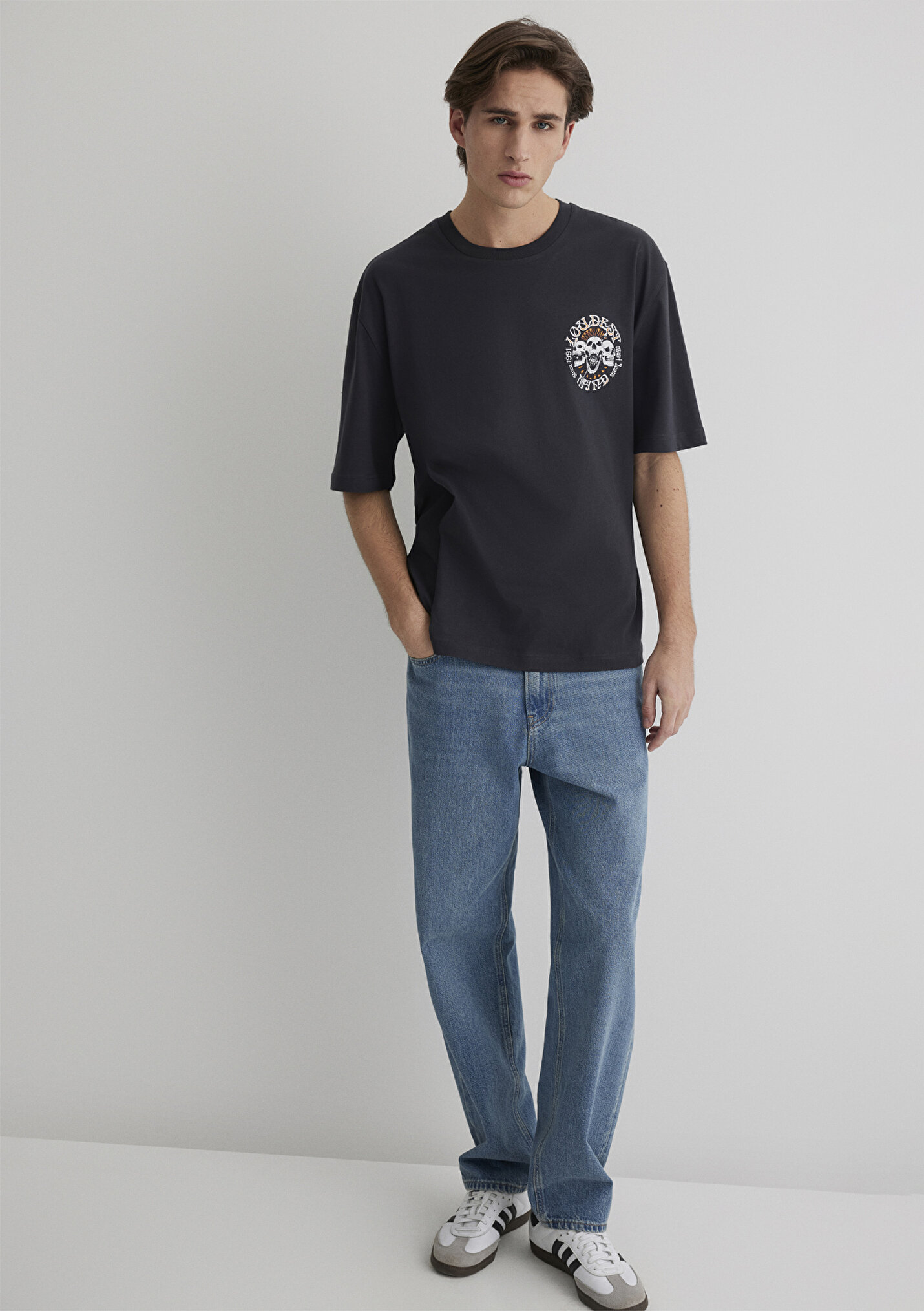 Outlet Erkek Kuru Kafa Baskılı Antrasit Tişört