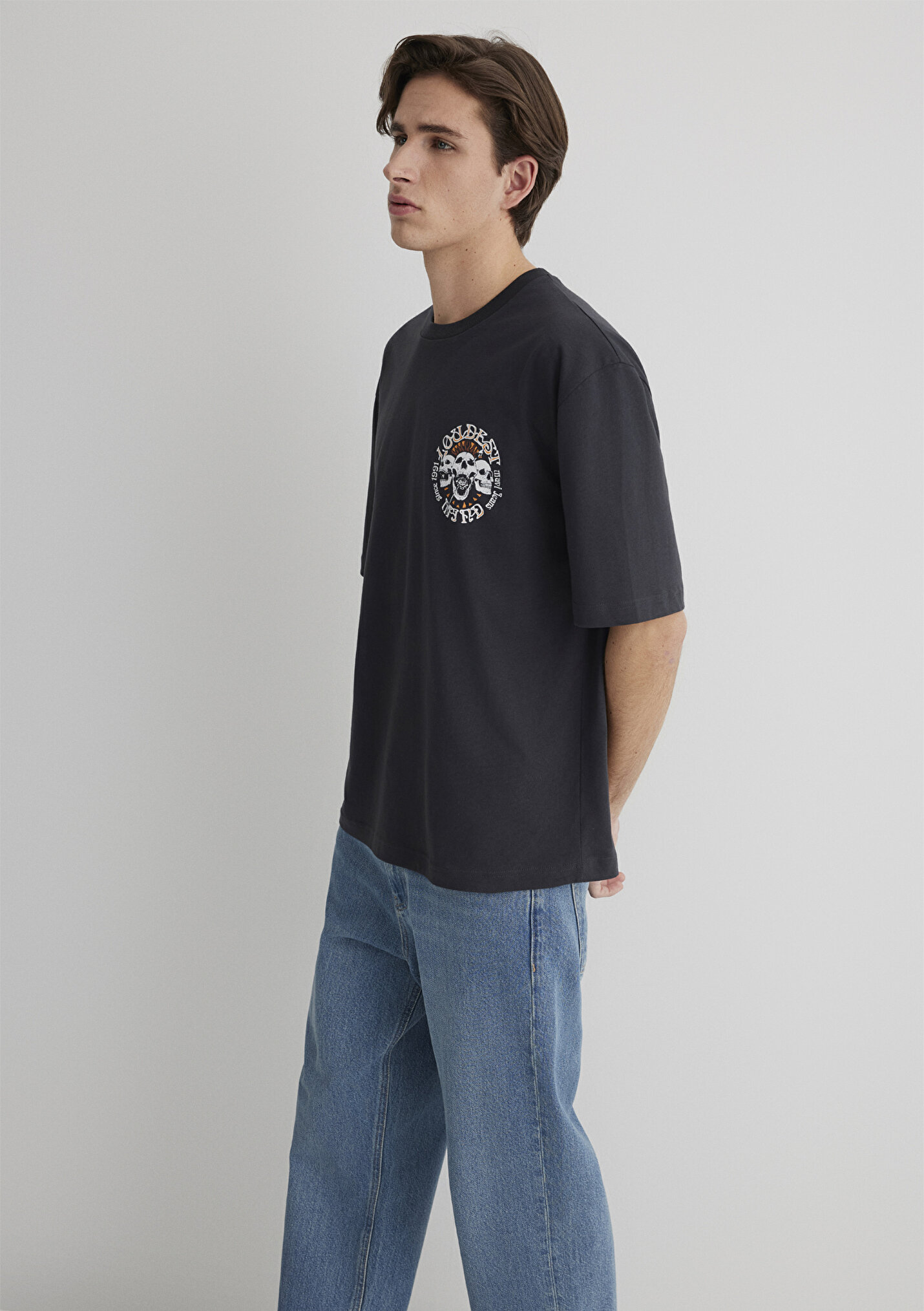 Outlet Erkek Kuru Kafa Baskılı Antrasit Tişört