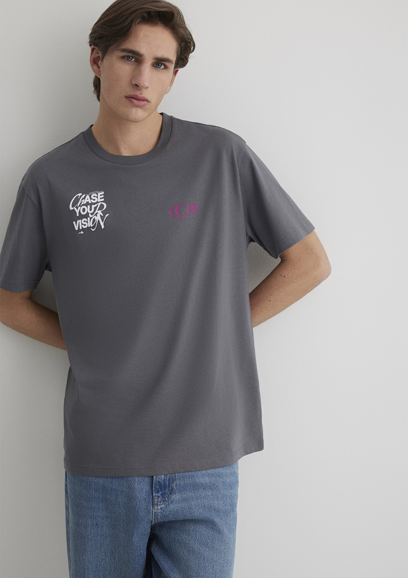 Outlet Erkek Chase Your Vision Baskılı Antrasit Tişört