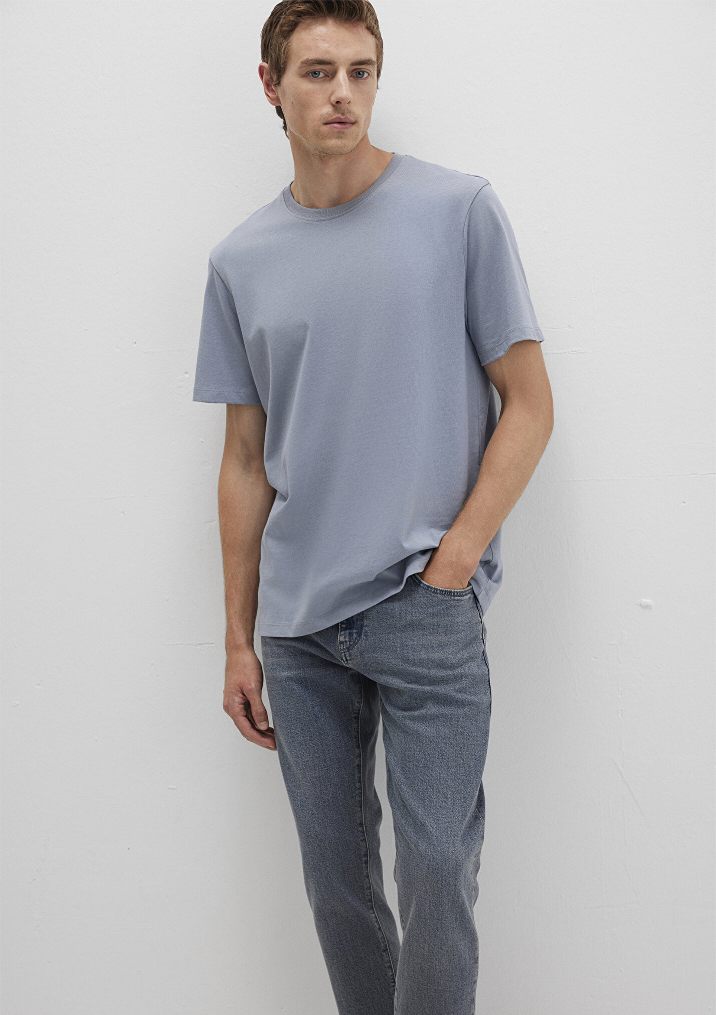 Erkek Bisiklet Yaka Mavi Basic Tişört