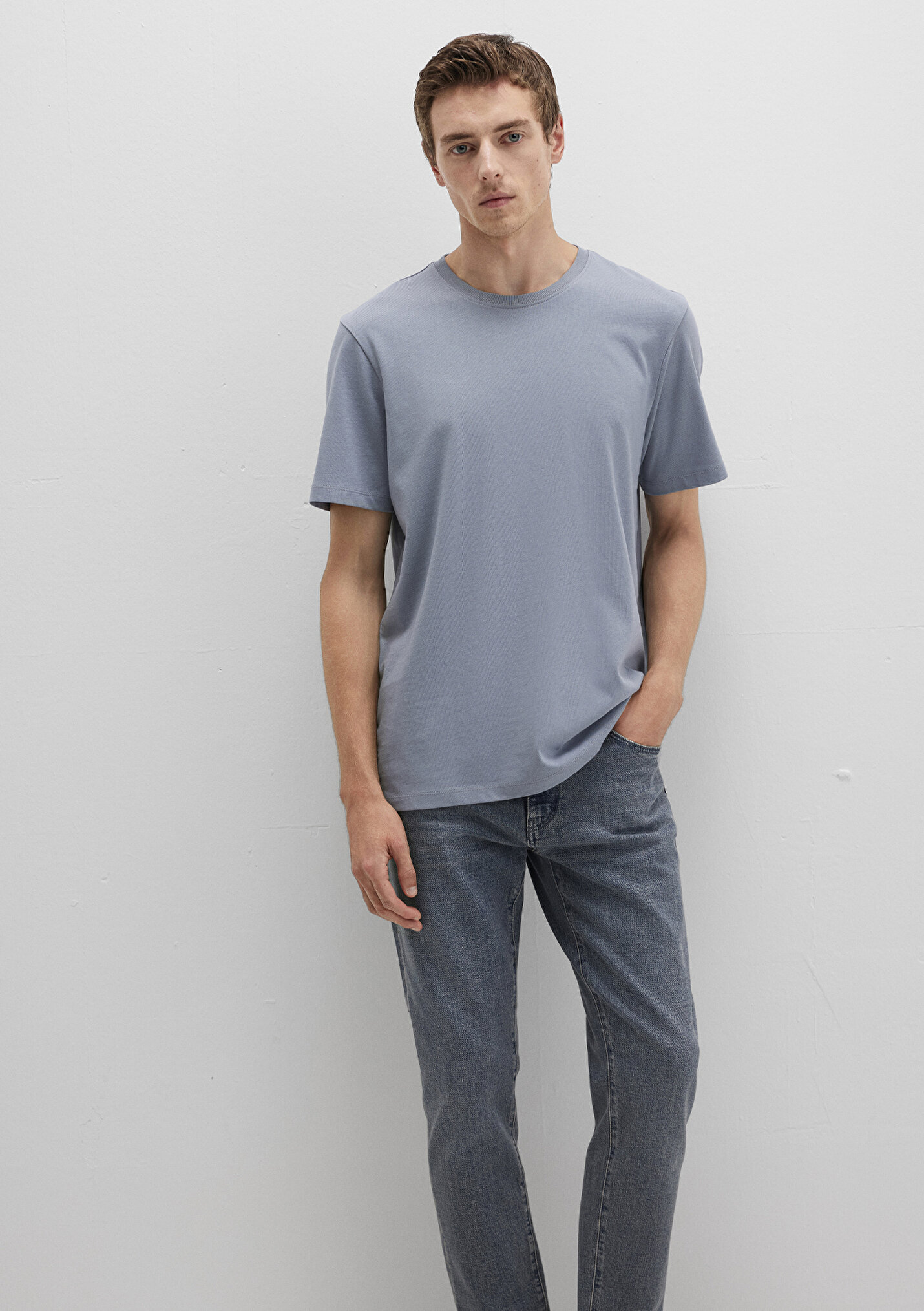 Erkek Bisiklet Yaka Mavi Basic Tişört