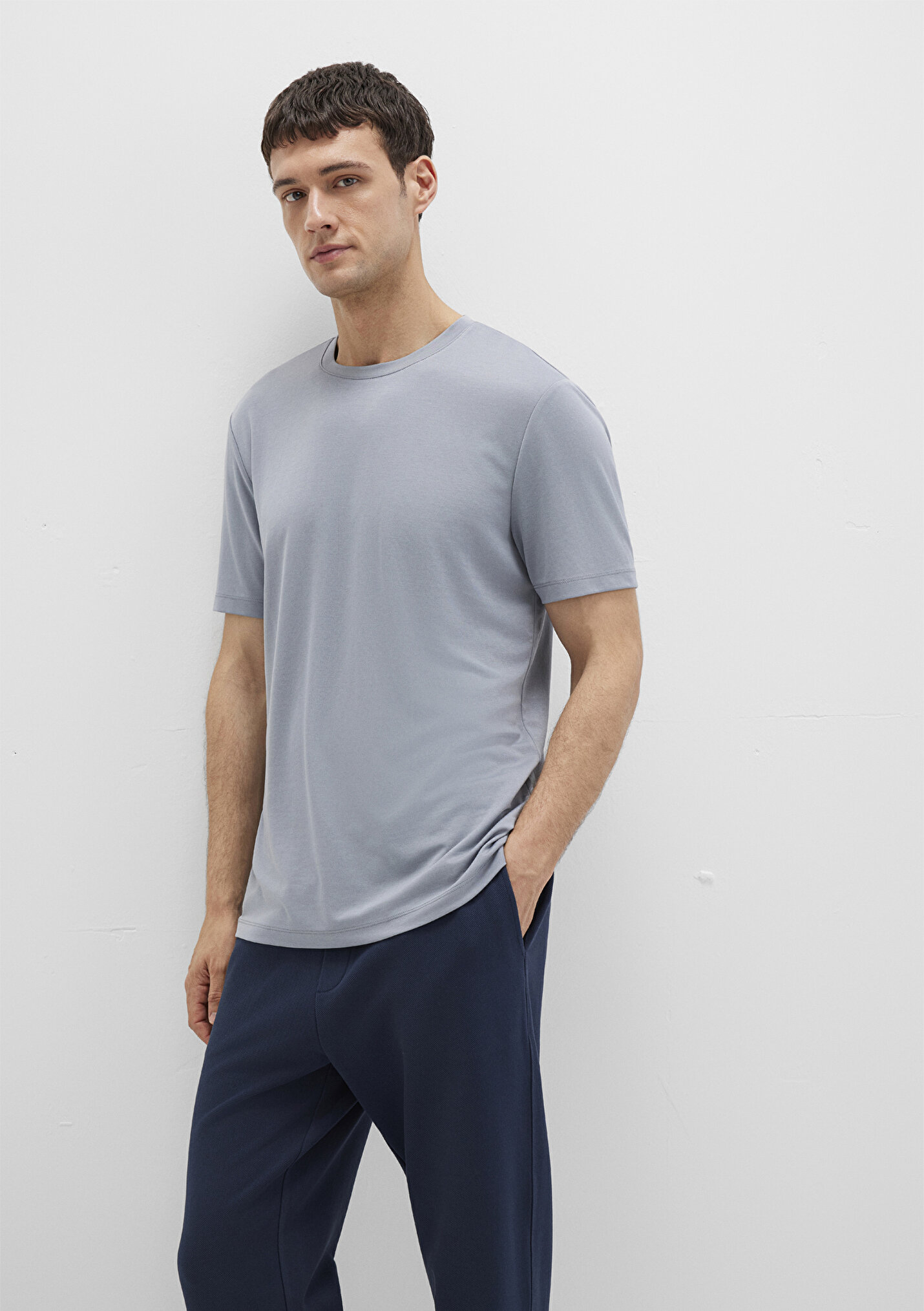 Erkek Bisiklet Yaka Mavi Basic Tişört