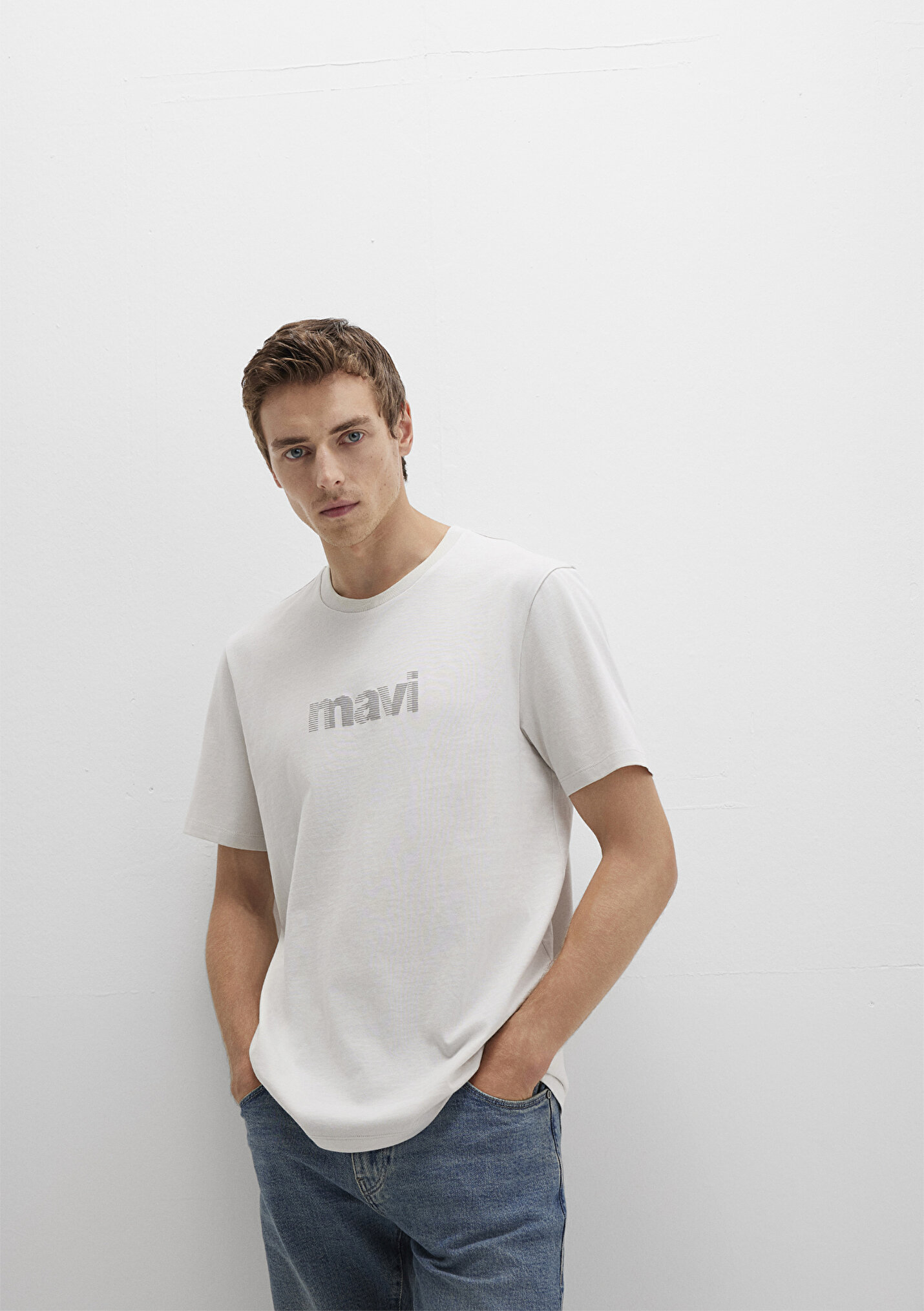 Erkek Mavi Logo Baskılı Gri Tişört