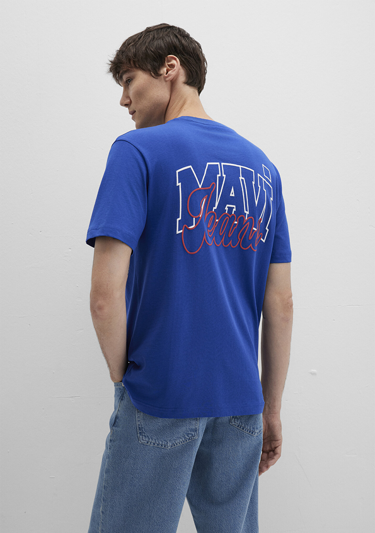 Erkek Mavi Jeans Baskılı Mavi Tişört