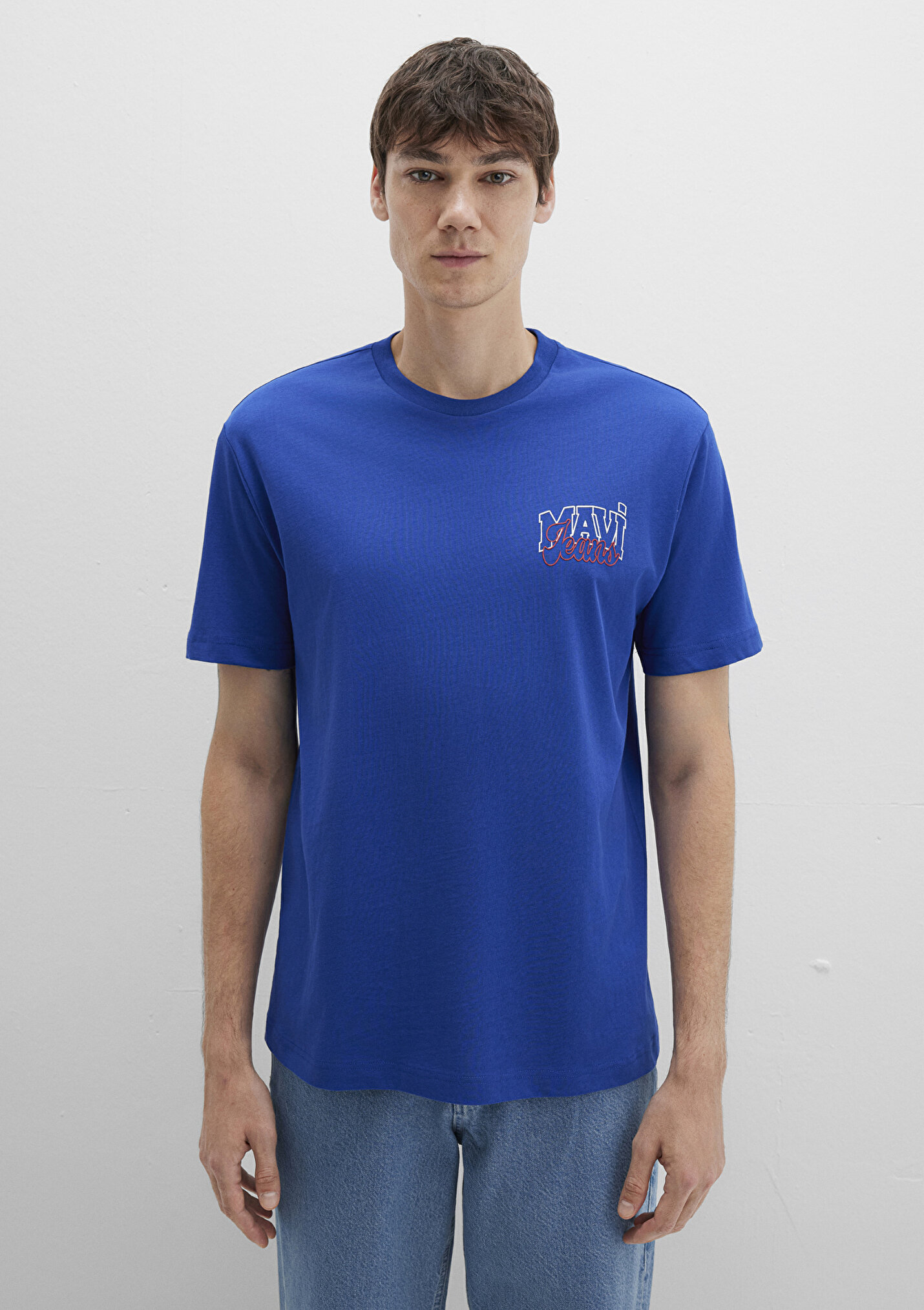 Erkek Mavi Jeans Baskılı Mavi Tişört