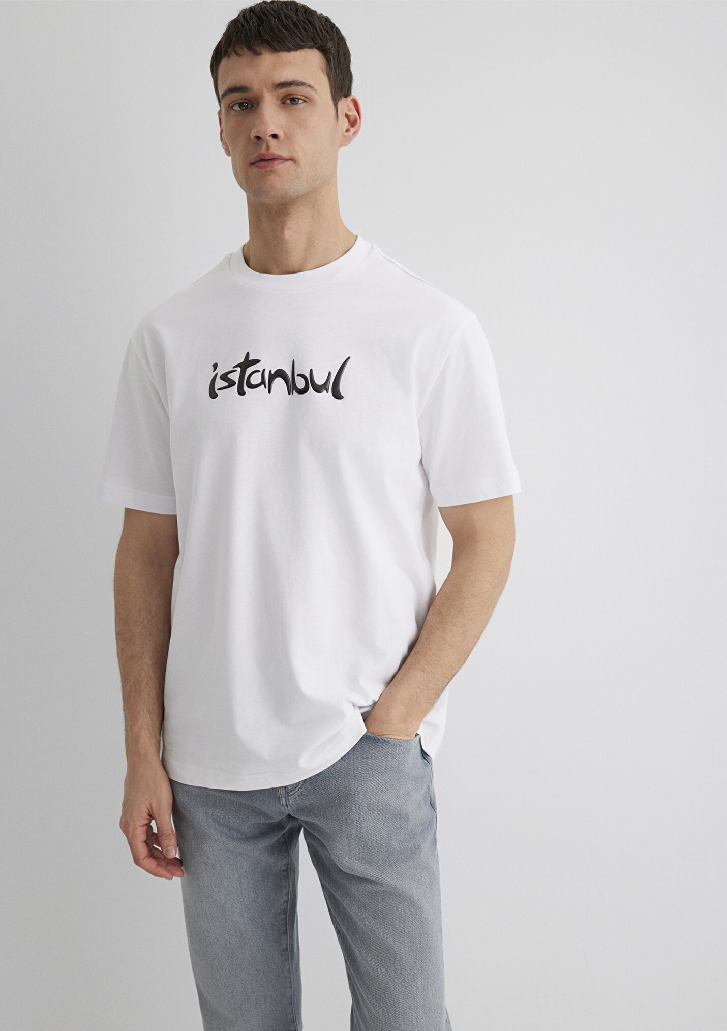 İstanbul Baskılı Beyaz Tişört - Mavi