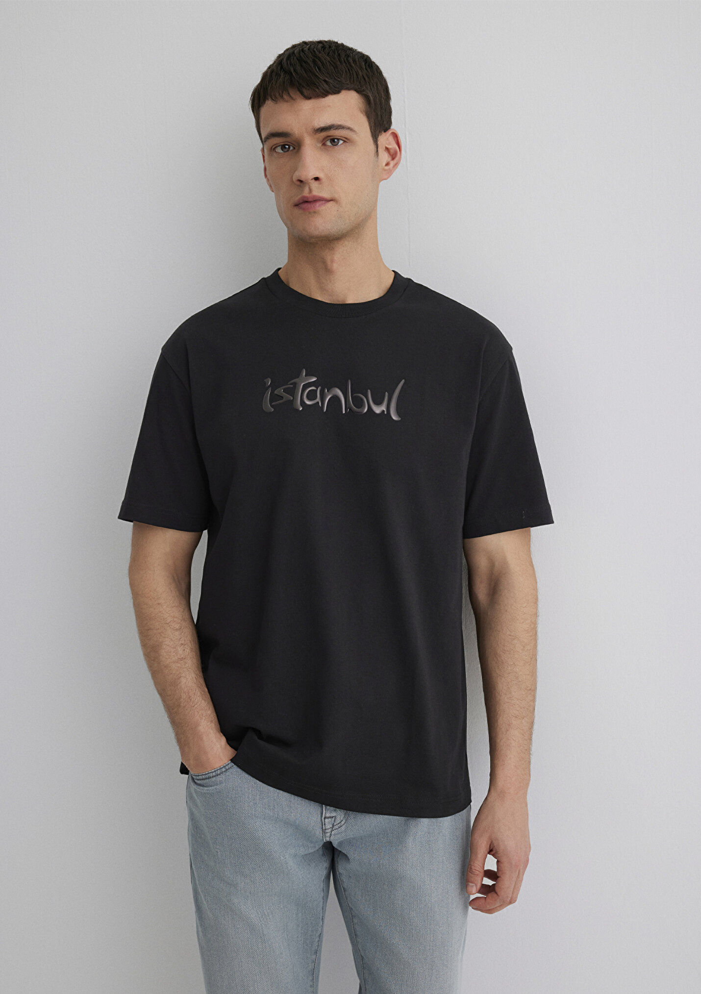 İstanbul Baskılı Siyah Tişört - Mavi