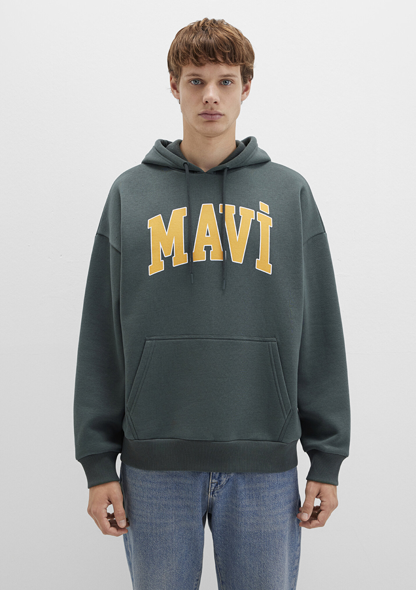 Erkek Mavi Logo Baskılı Kapüşonlu Yeşil Sweatshirt