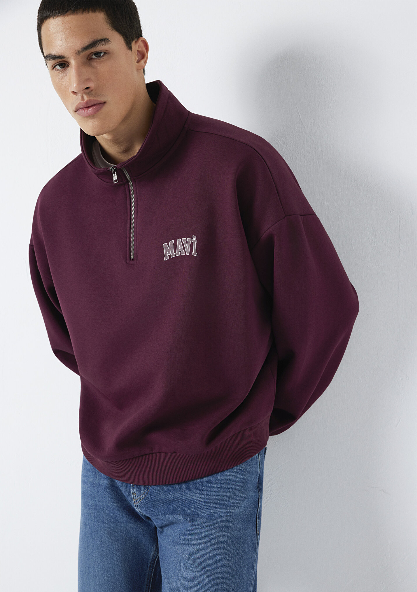 Erkek Mavi Logo Baskılı Yarı Fermuarlı Bordo Sweatshirt