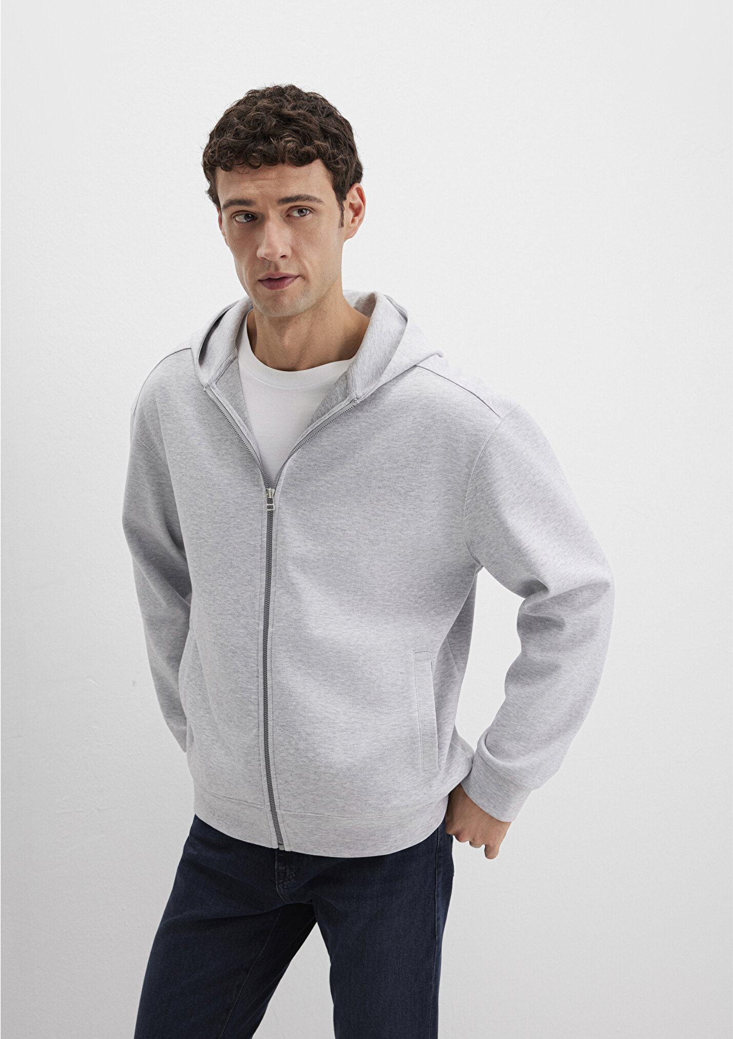 Erkek Kapüşonlu Fermuarlı Gri Sweatshirt