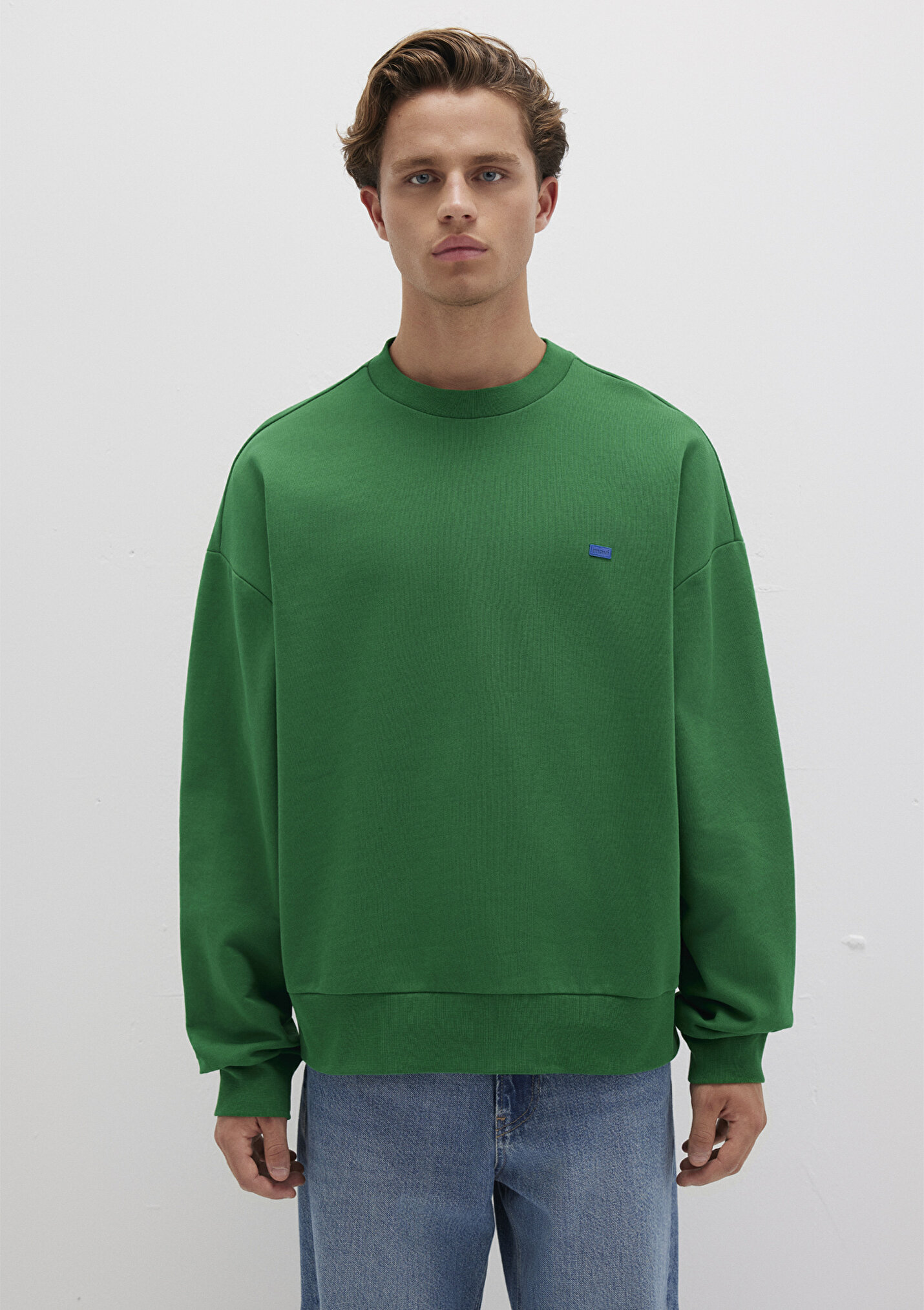 Outlet Erkek Silikon Logo Baskılı Yeşil Bisiklet Yaka Sweatshirt