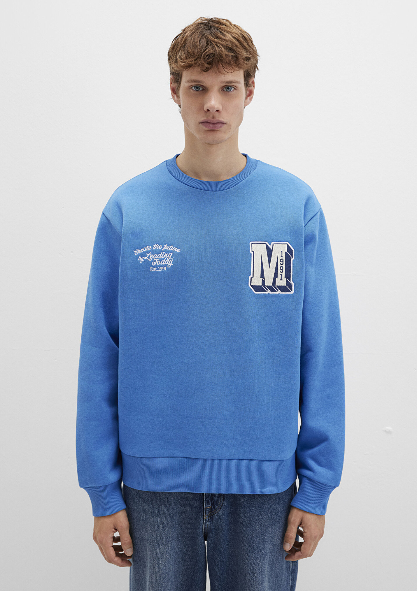 Outlet Erkek M Logo Nakış Detaylı Mavi Sweatshirt