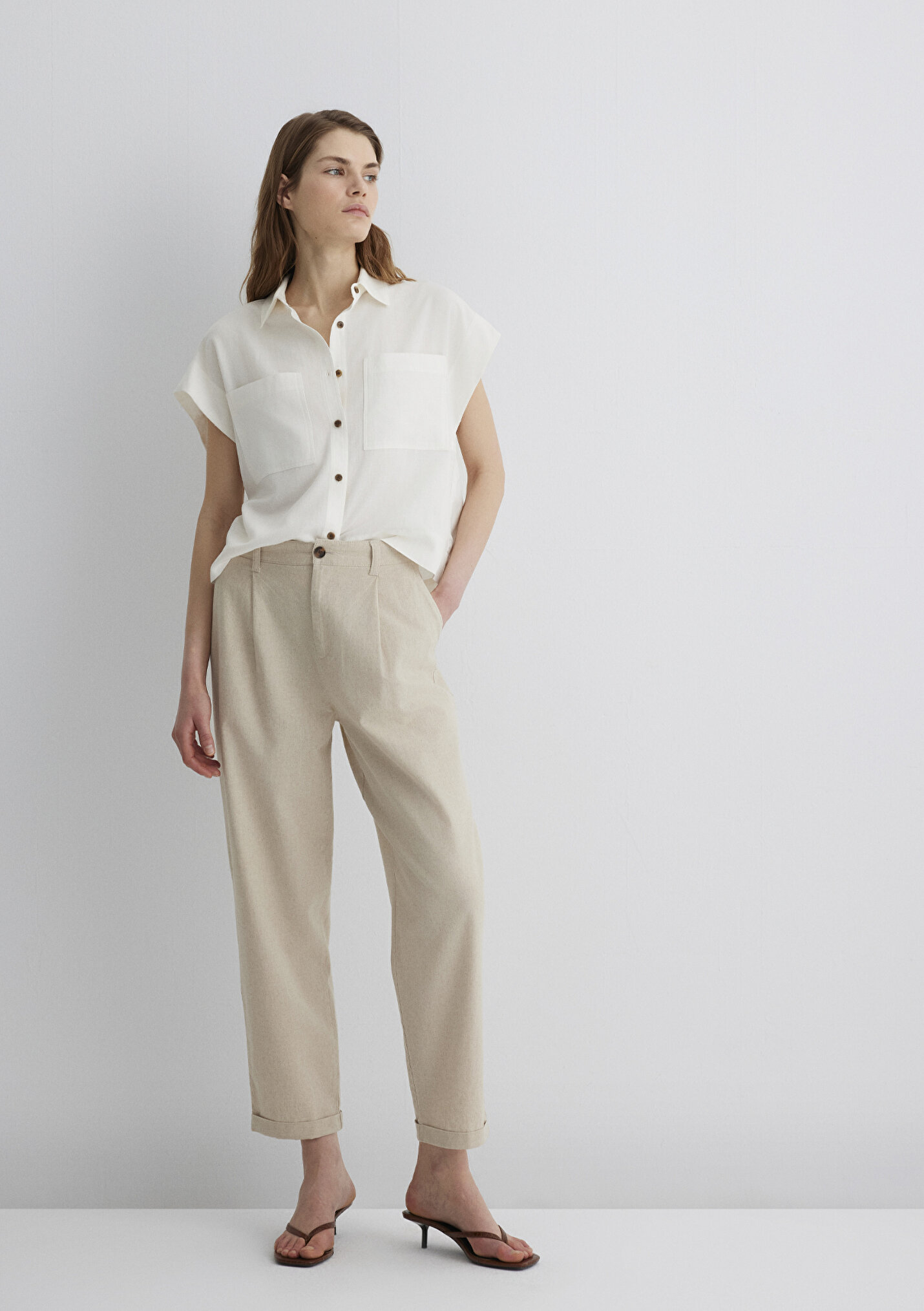 Outlet Kadın Keten Karışımlı Bej Pantolon