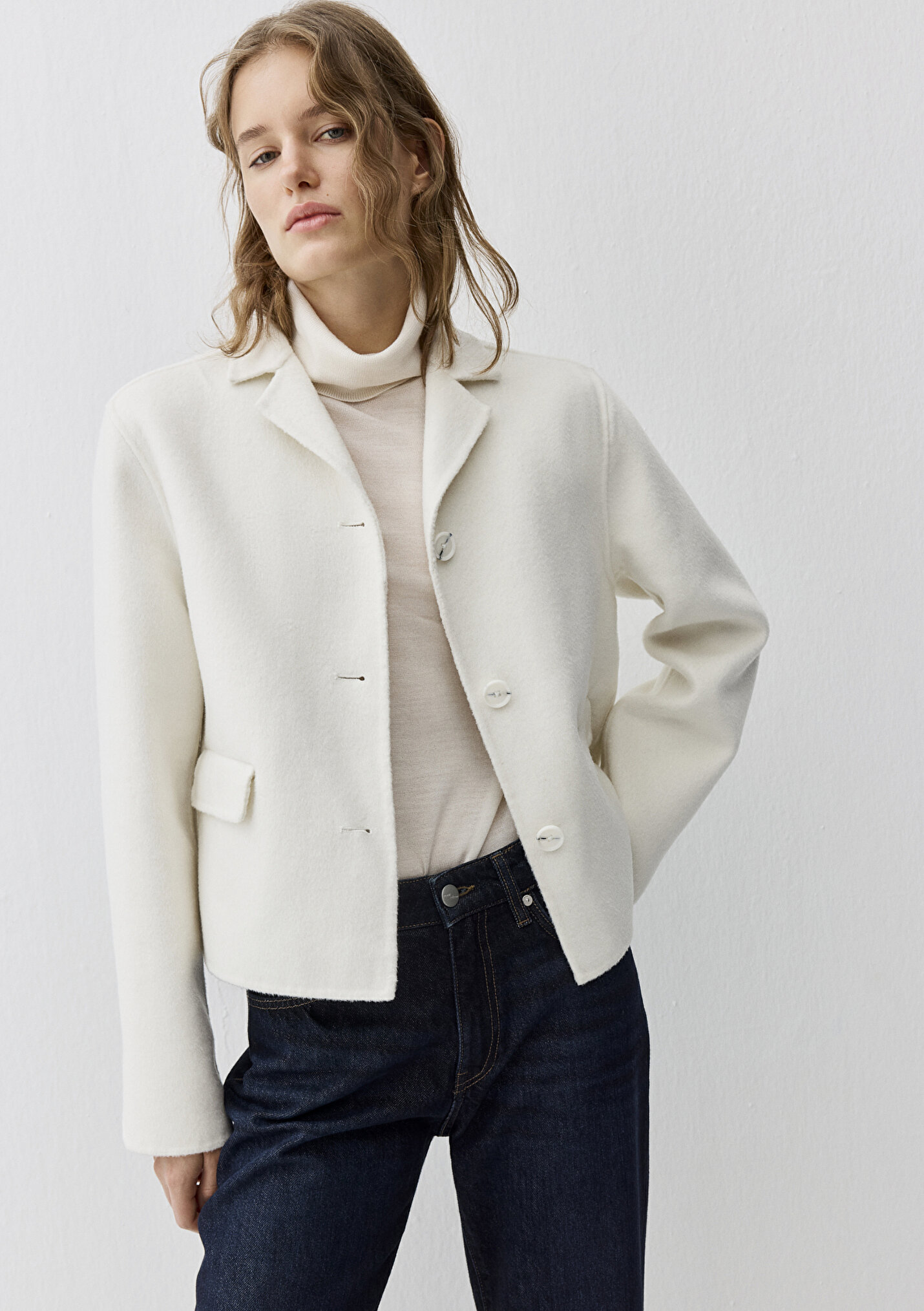 Kadın Yün Karışımlı Ekru Ceket
