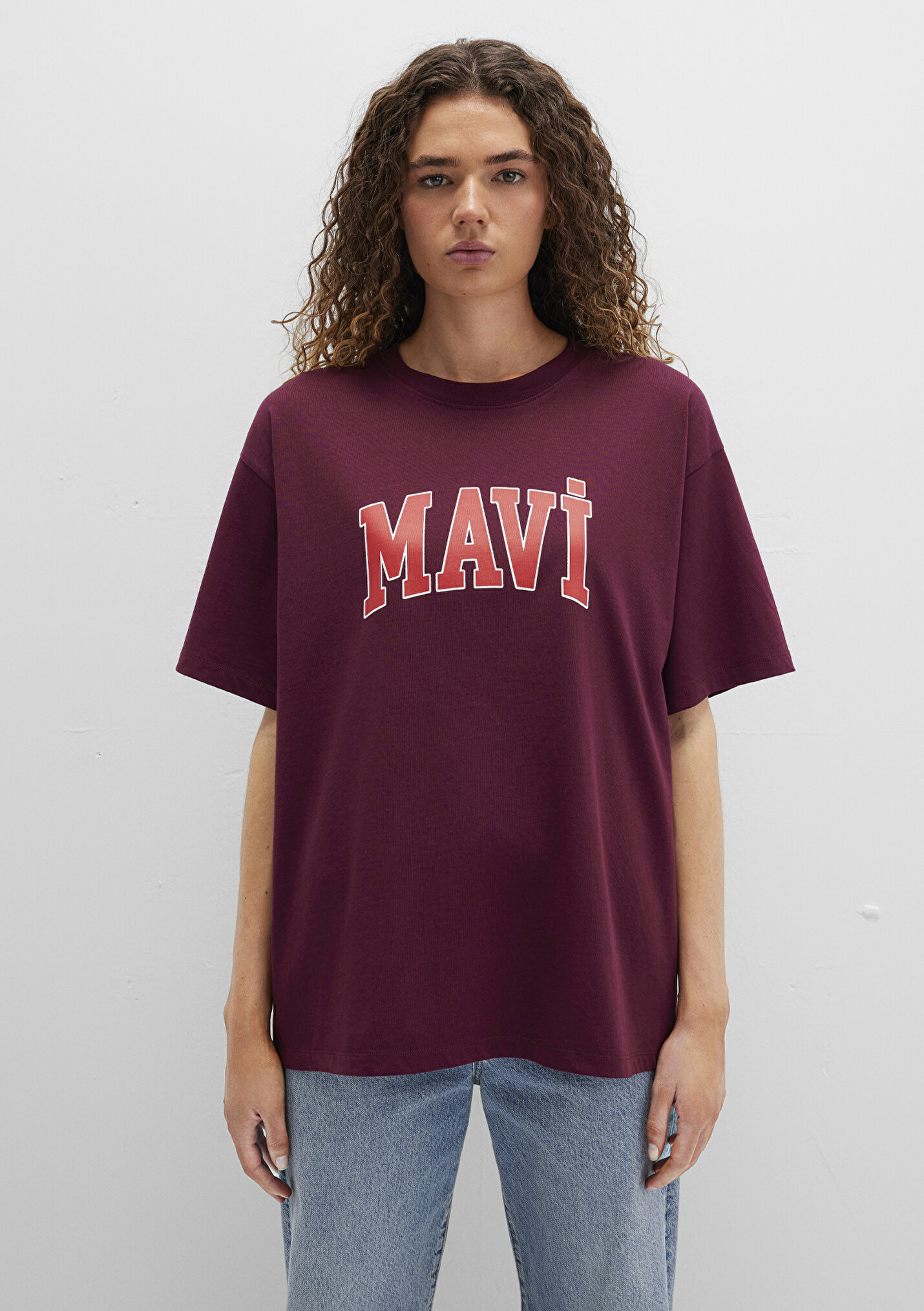 Mavi Logo Baskılı Bordo Tişört - Mavi