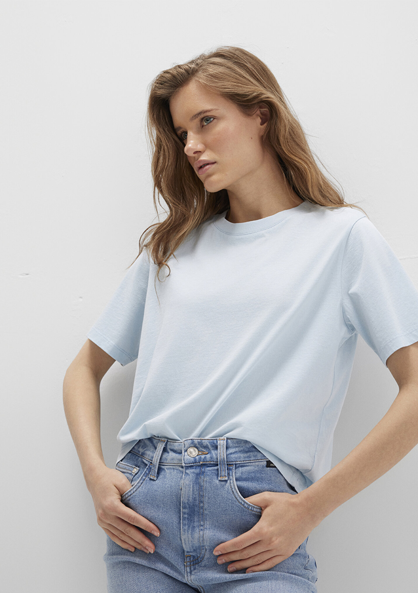 Kadın Bisiklet Yaka Mavi Basic Tişört