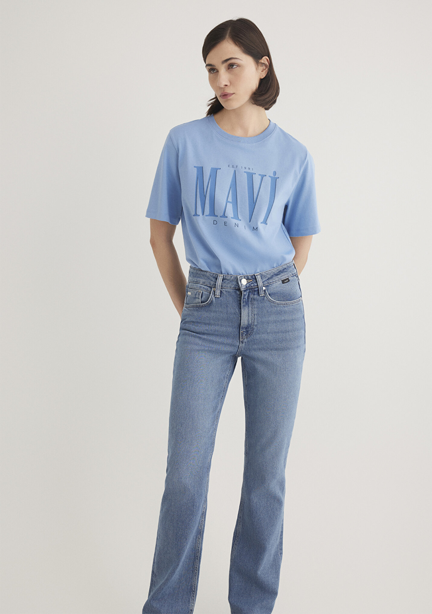 Kadın Mavi Logo Baskılı Mavi Tişört