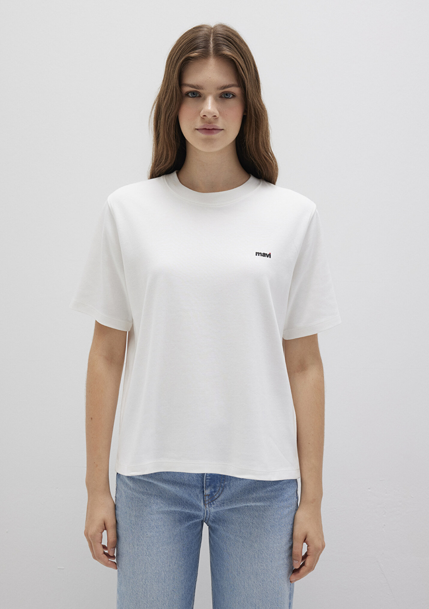 Kadın Mini Mavi Logo Baskılı İnterlok Ekru Basic Tişört