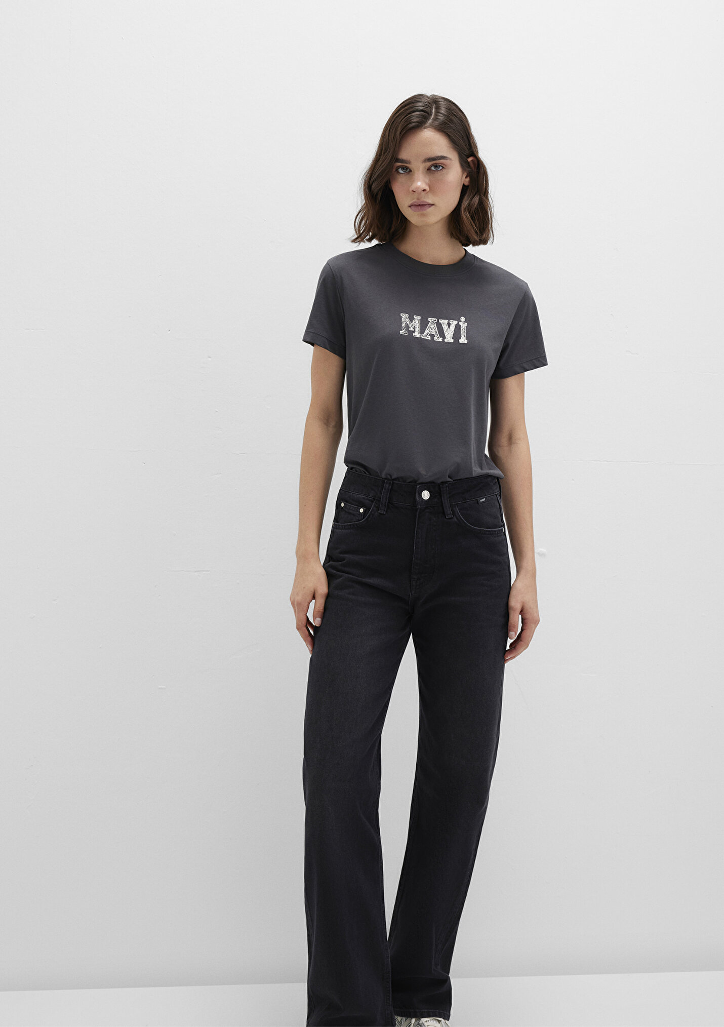 Mavi Baskılı Antrasit Tişört - Mavi