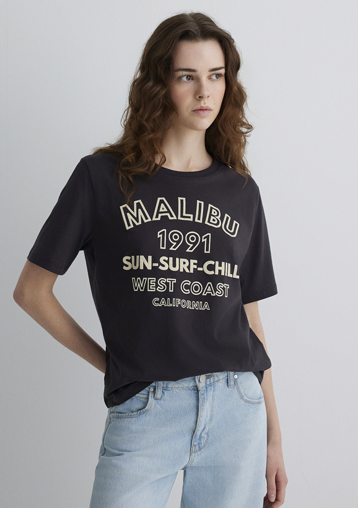 Outlet Kadın Malibu Baskılı Antrasit Tişört