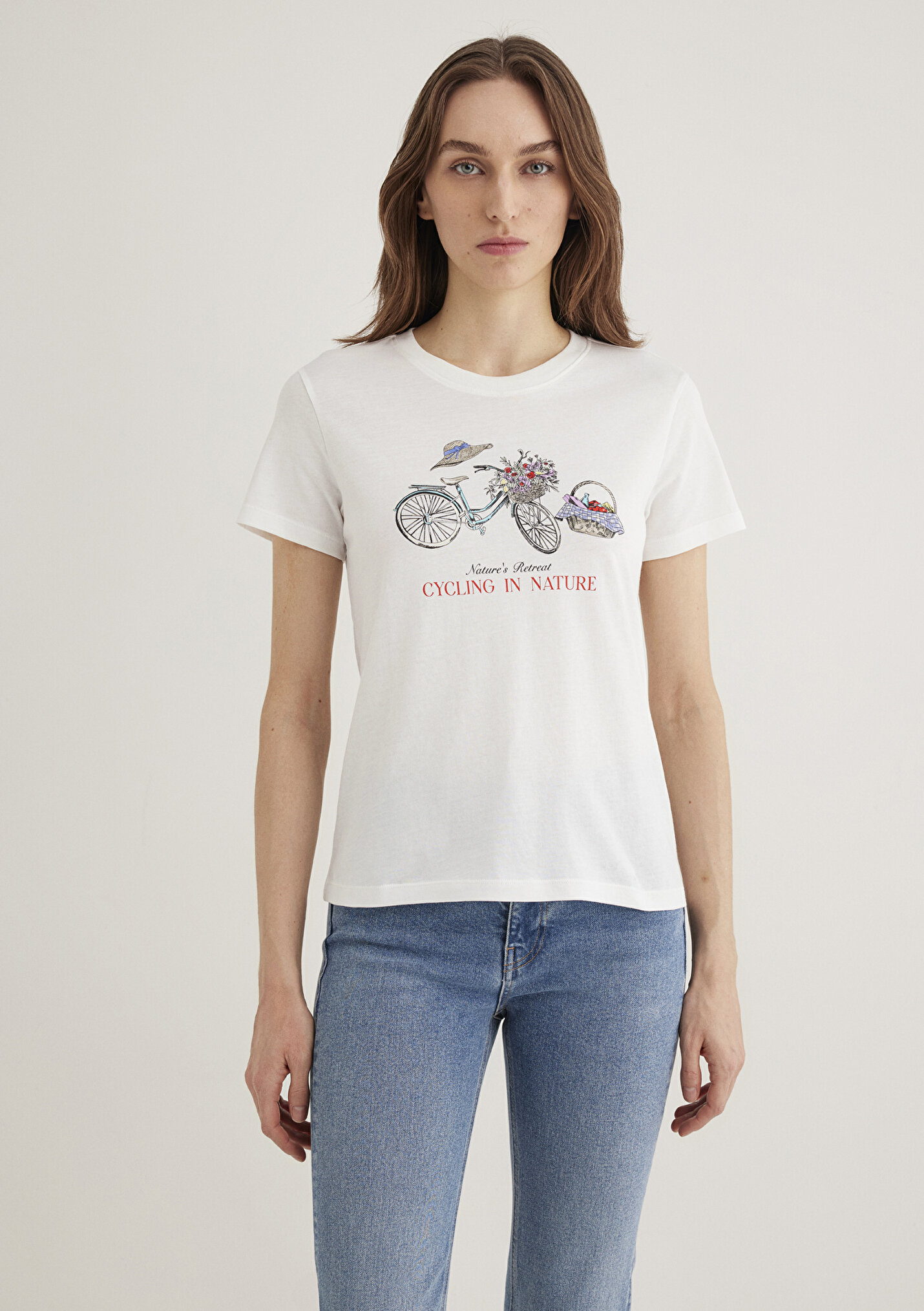 Kadın Bisiklet Baskılı Ekru Tişört