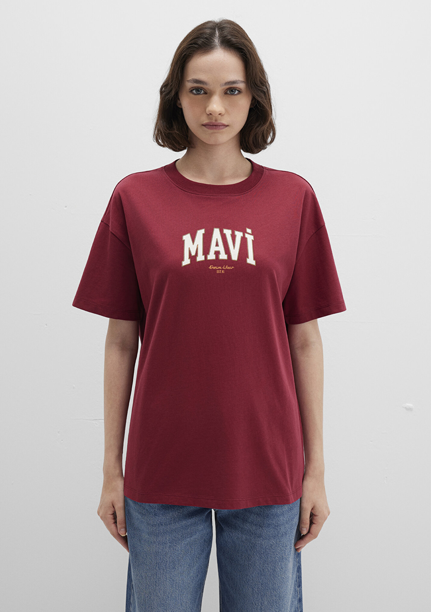 Kadın Mavi Logo Baskılı Bordo Tişört