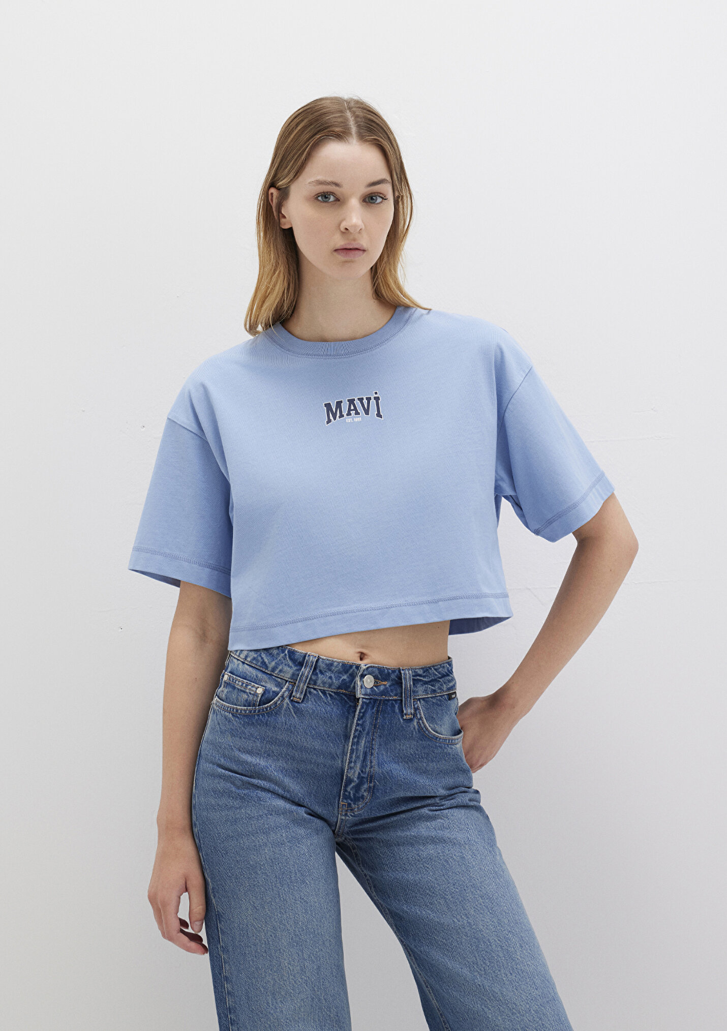 Kadın Mavi Logo Baskılı Mavi Crop Tişört