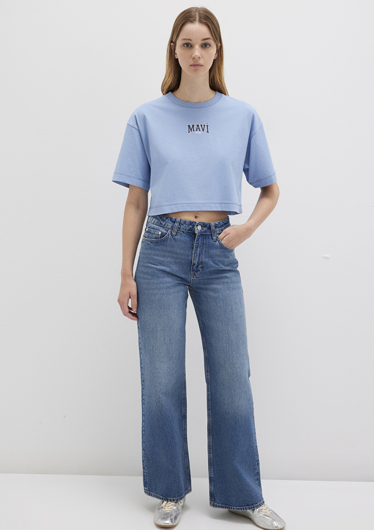 Kadın Mavi Logo Baskılı Mavi Crop Tişört