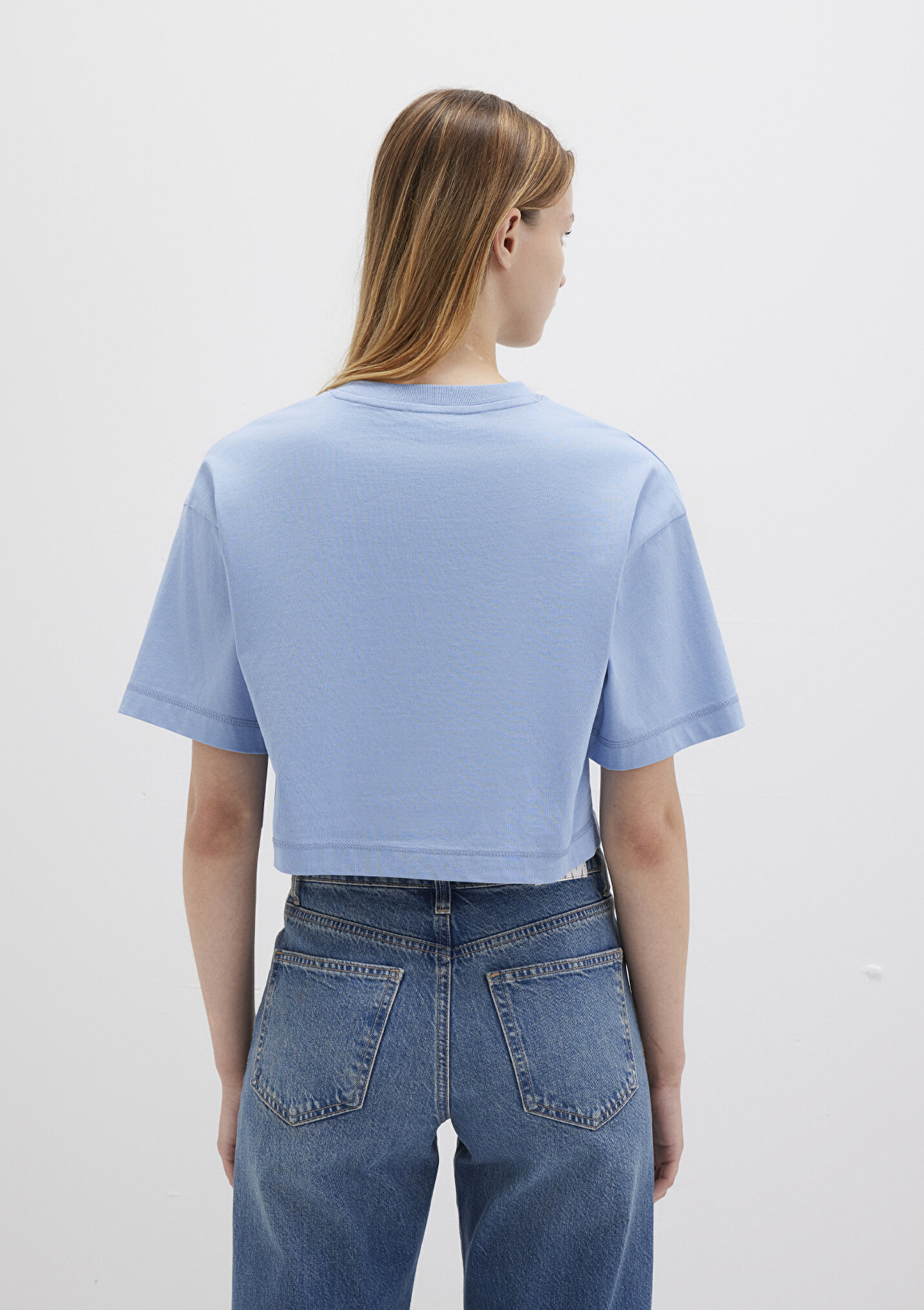 Kadın Mavi Logo Baskılı Mavi Crop Tişört