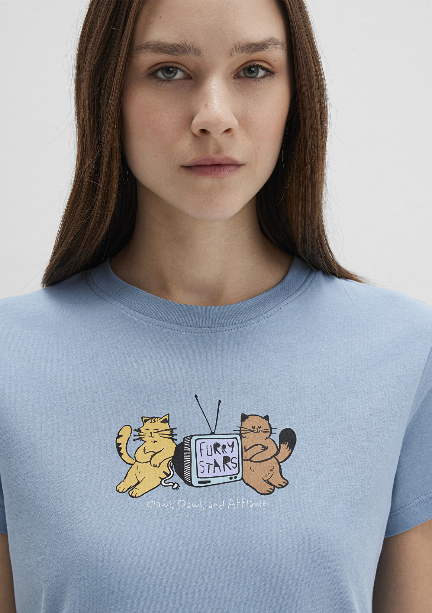 Outlet Kadın Kedi Baskılı Mavi Tişört