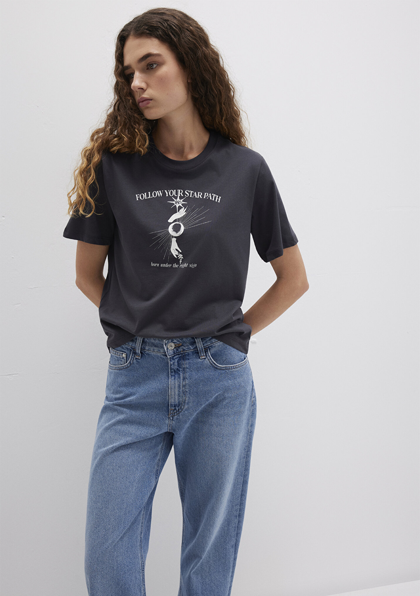 Kadın Astroloji Baskılı Antrasit Tişört