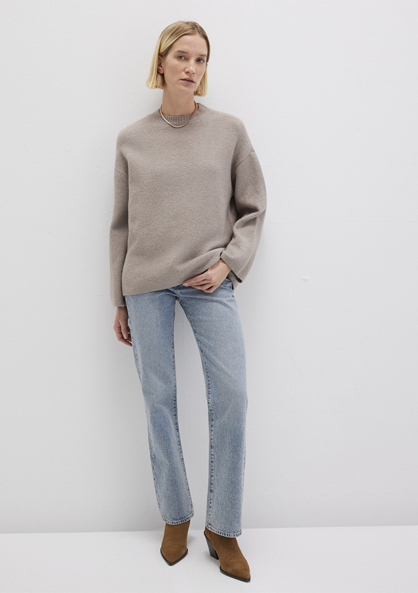 Kadın Yün Karışımlı Bisiklet Yaka Bej Kazak