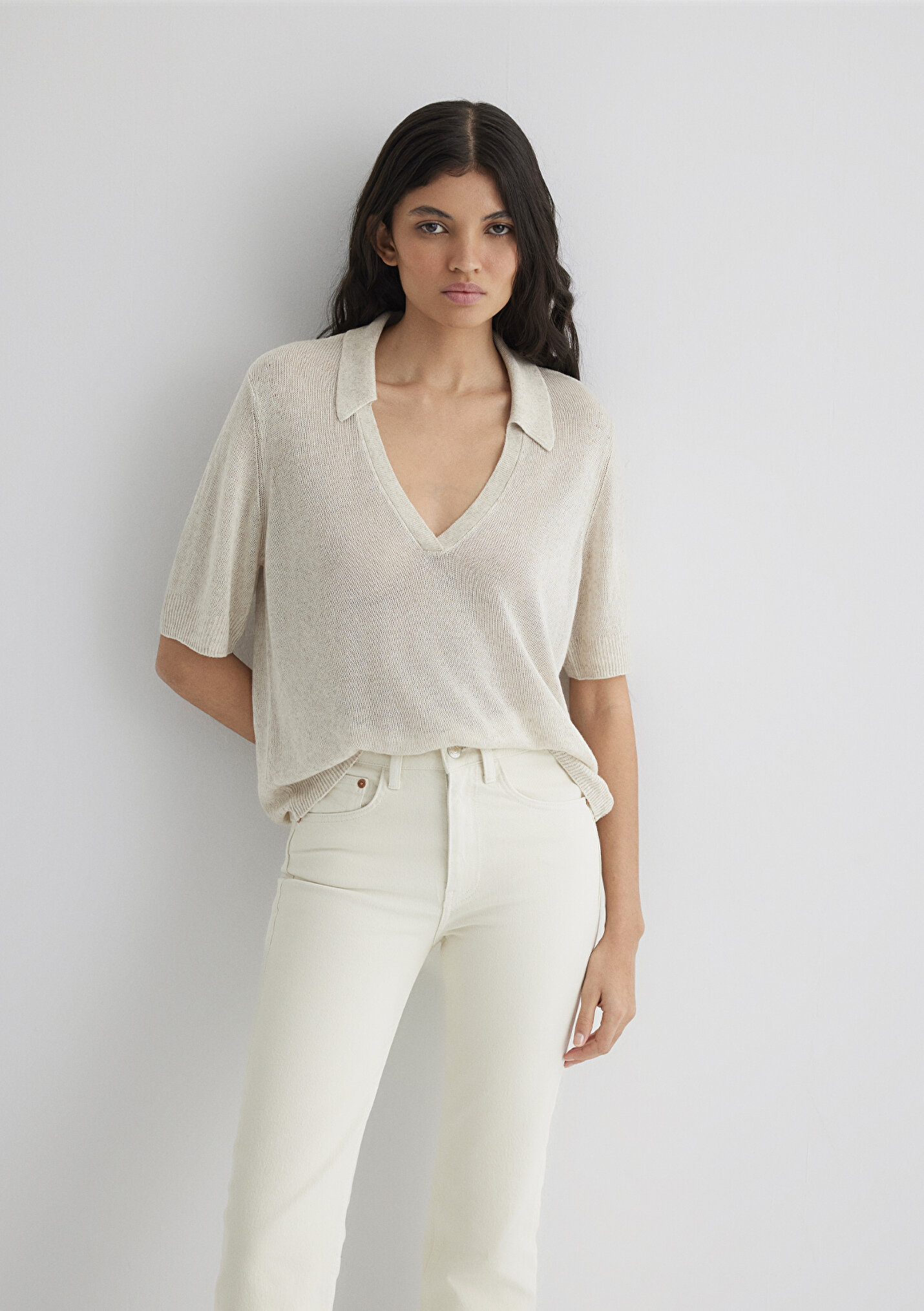 Outlet Kadın Keten Karışımlı Bej Triko Polo