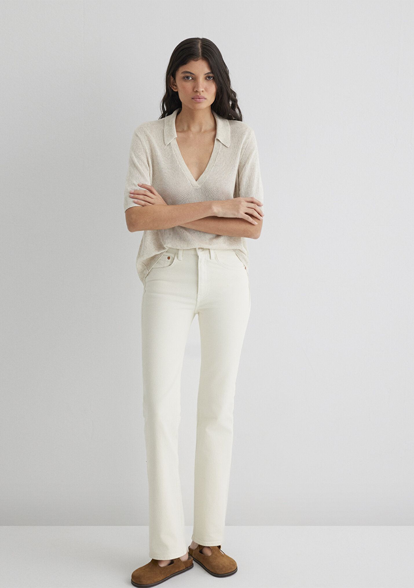 Outlet Kadın Keten Karışımlı Bej Triko Polo