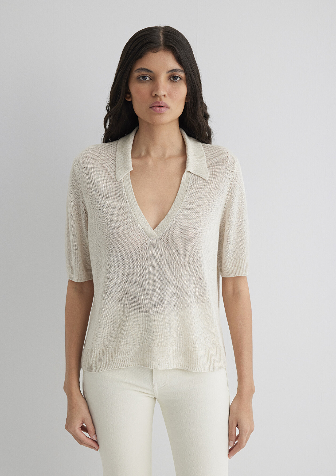 Outlet Kadın Keten Karışımlı Bej Triko Polo