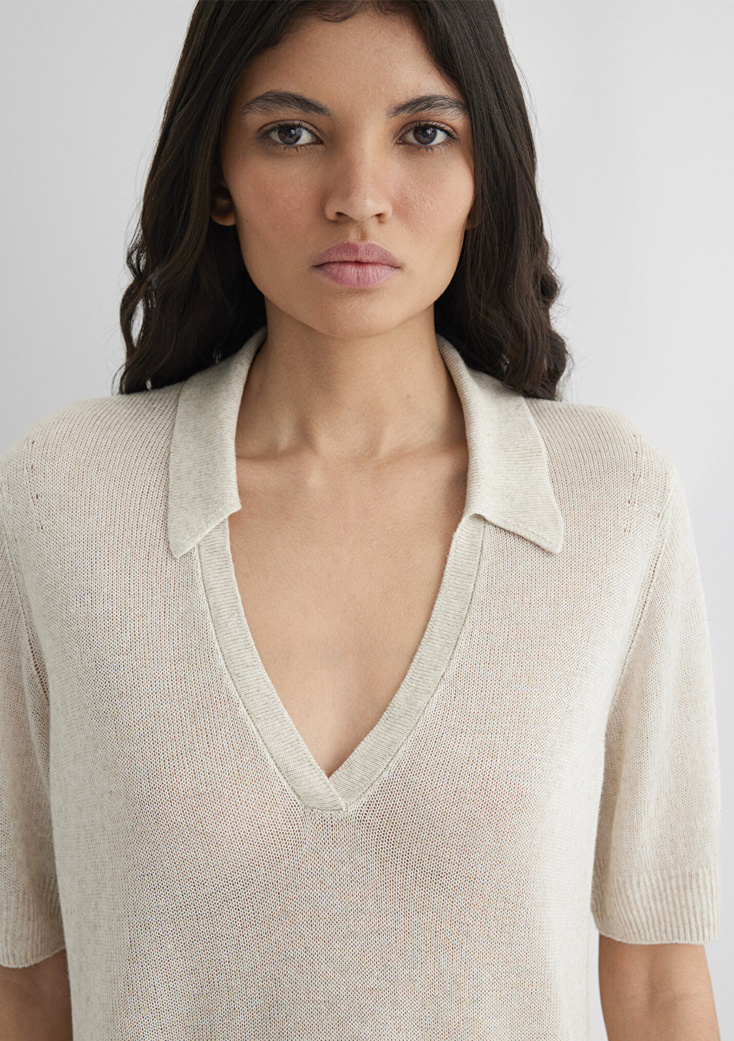 Outlet Kadın Keten Karışımlı Bej Triko Polo