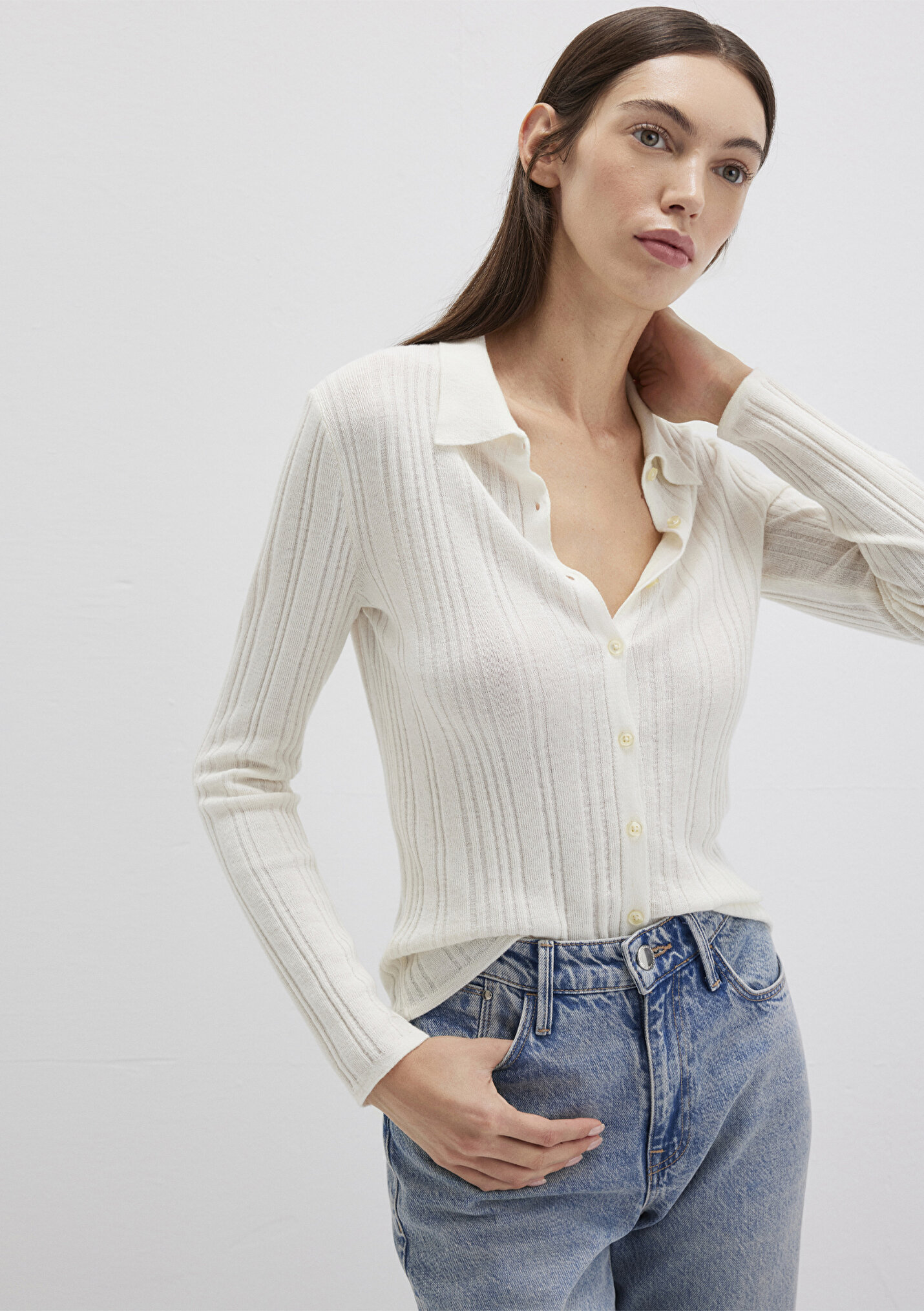 Kadın Yün Karışımlı Ekru Triko Polo