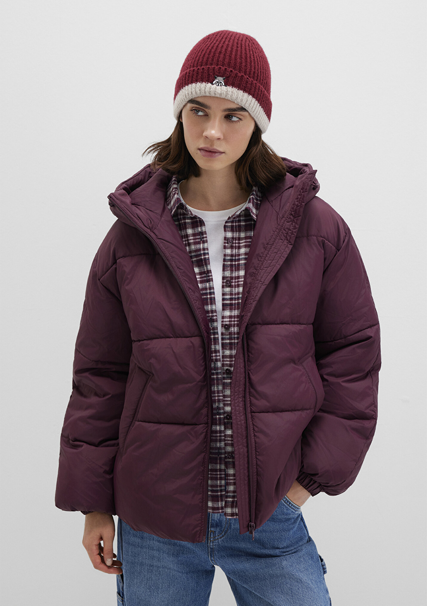 Outlet Kadın Rakun Nakışlı Bordo Bere