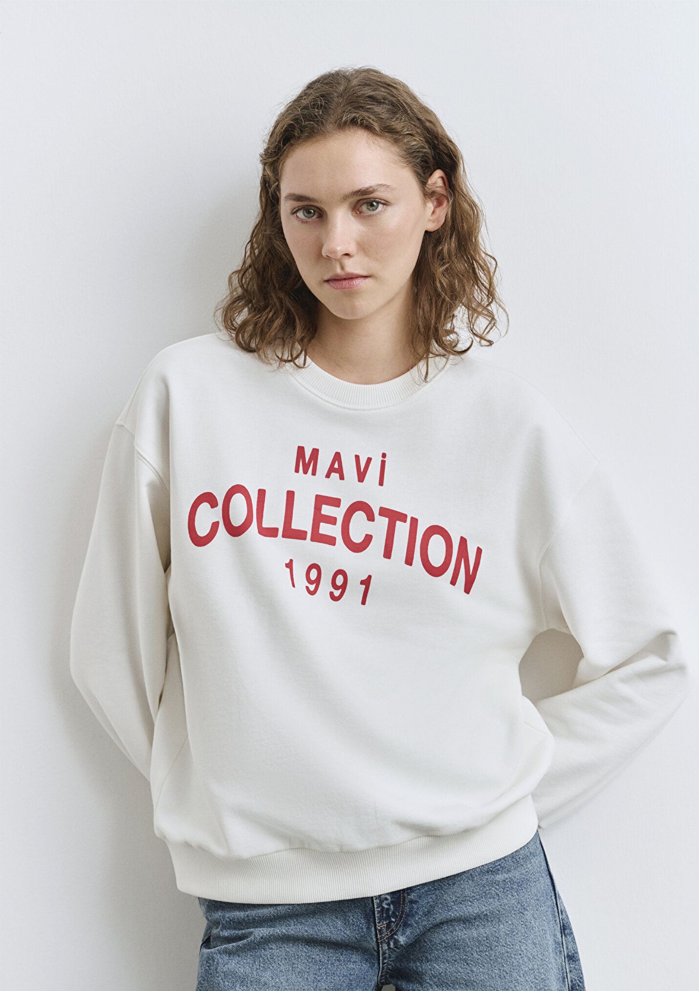 Outlet Kadın Mavi Collection Baskılı Ekru Sweatshirt