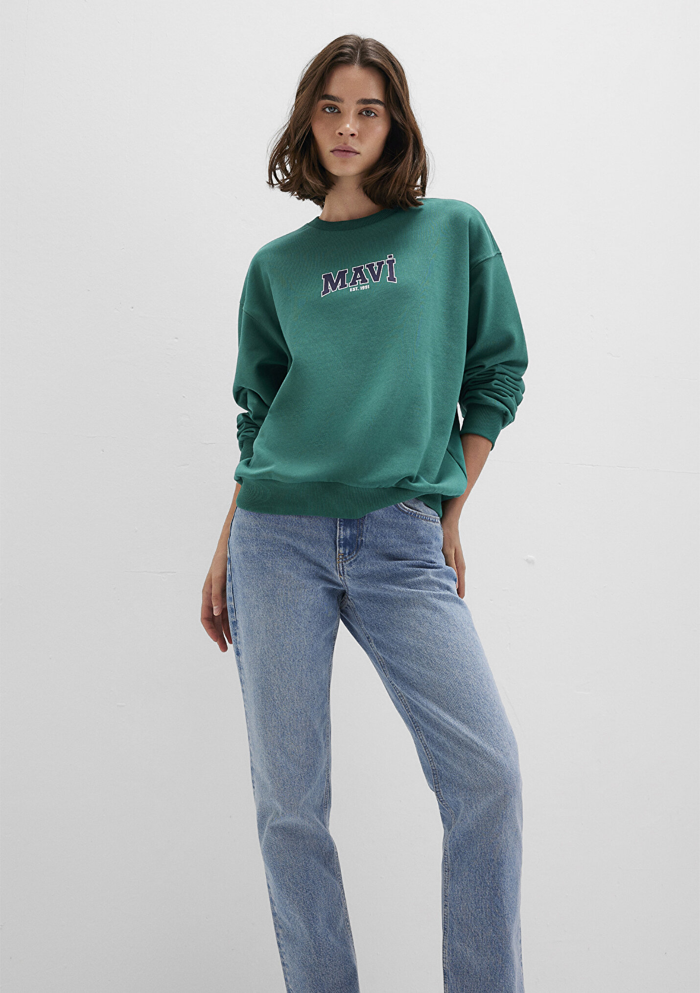 Outlet Kadın Mavi Logo Baskılı Yeşil Sweatshirt