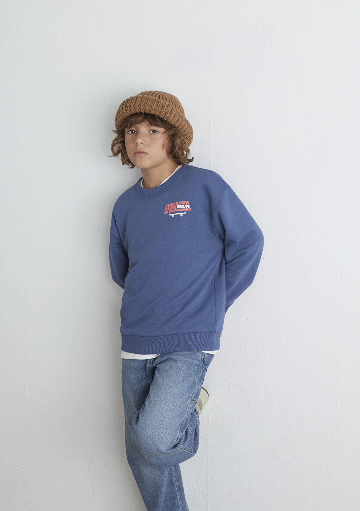 Outlet Erkek Çocuk Baskılı Mavi Sweatshirt